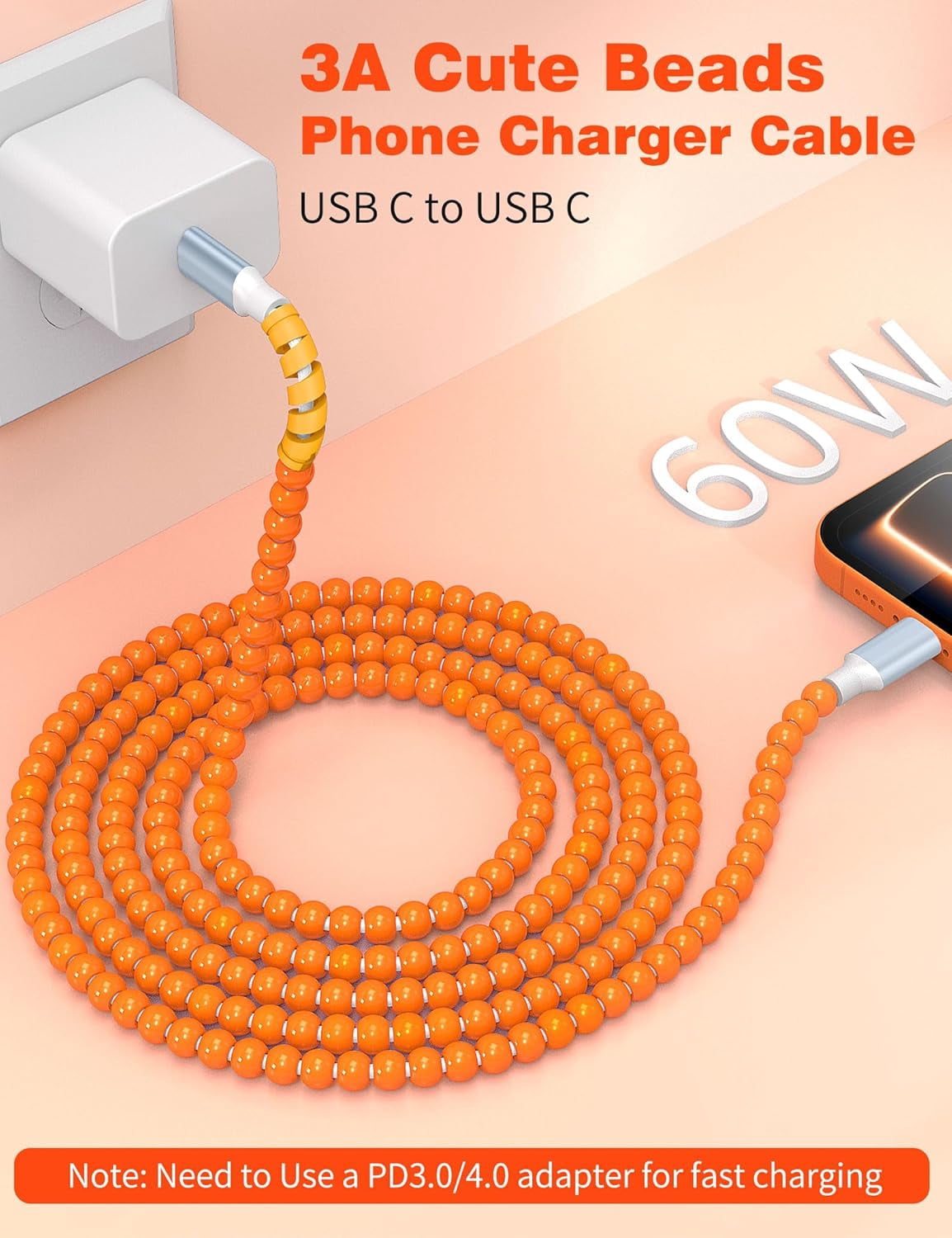 PYYAN-USB C to USB C Cable 6FT,60W Fast Charging Beaded Charger Cord 2M ...