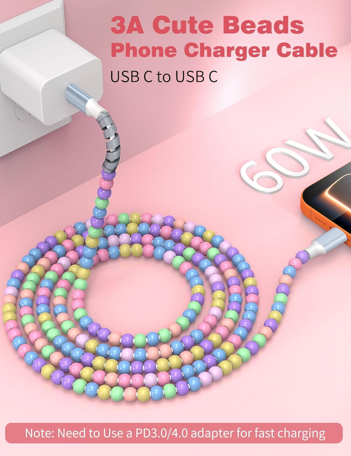 PYYAN-USB C to USB C Cable 6FT,60W Fast Charging Beaded Charger Cord 2M ...