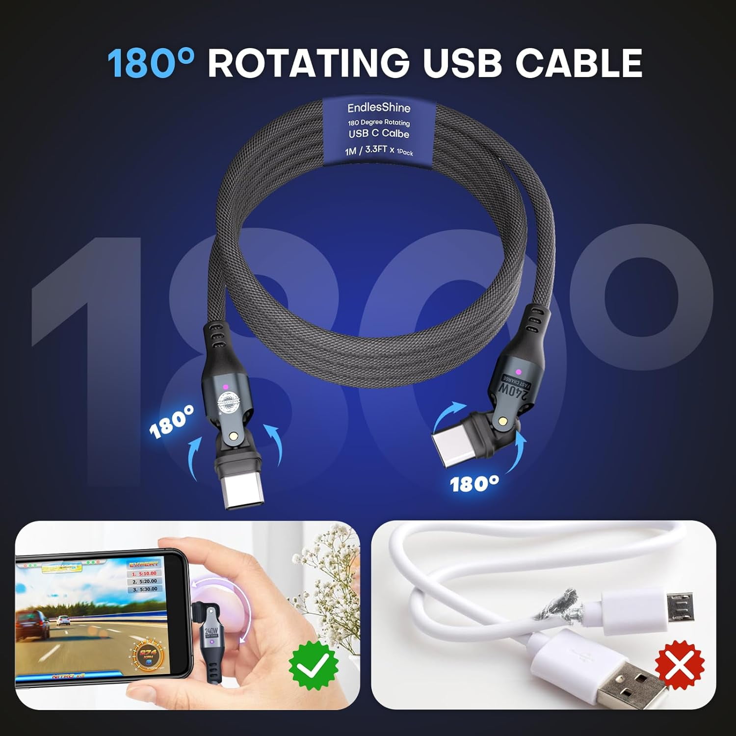 PYYAN-USB Cable Type C to C 180° Rotation PD 240W (2- Pack 6+6ft) USB2.0 480MBPS & Data Transfer ...