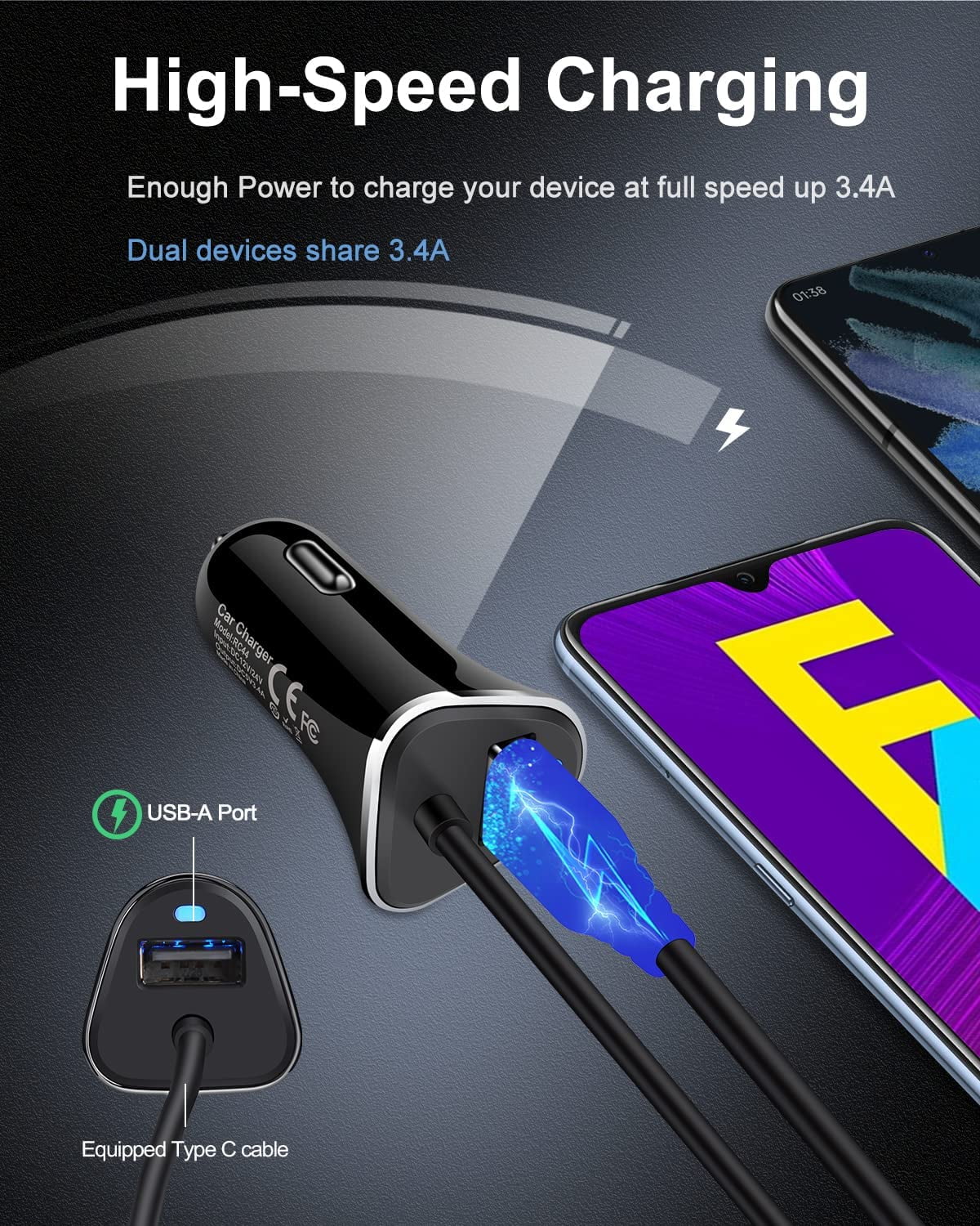 PYYAN-USB Type C Car Charger, 2Pack 3.4A/3ft USBC Car Charger Adapter TypeC Power Cable Line for ...