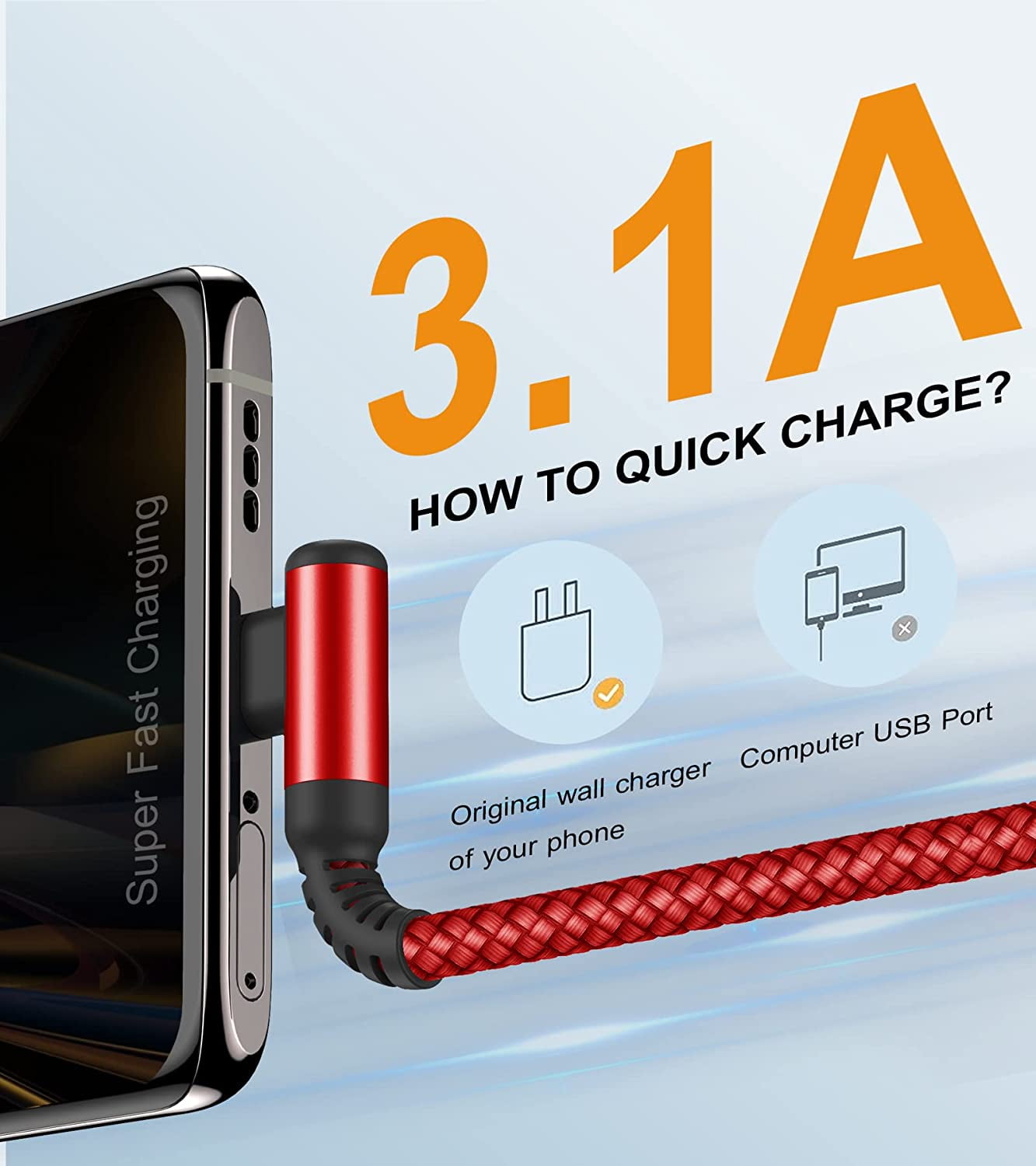 PYYAN-USB Type C Charger Cable Right Angle [2-Pack,10FT] 3.1A Nylon ...