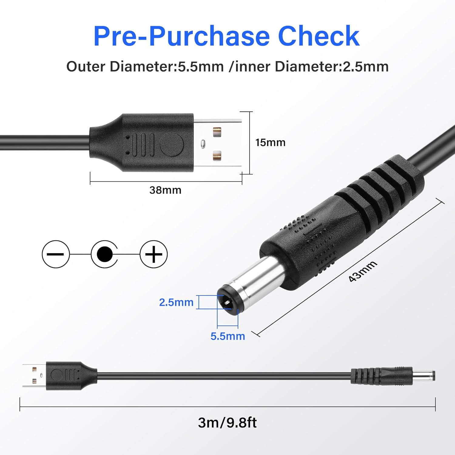 PYYAN-USB to DC 5.5x2.5mm Power Cord 5V 3A 10FT, 2Pcs 5.5mm Barrel Jack ...