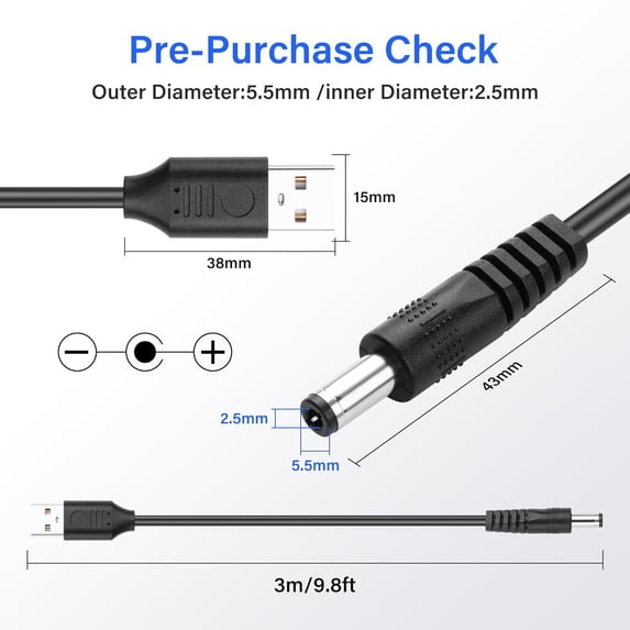 PYYAN-USB to DC 5.5x2.5mm Power Cord 5V 3A 10FT, 2Pcs 5.5mm Barrel Jack ...