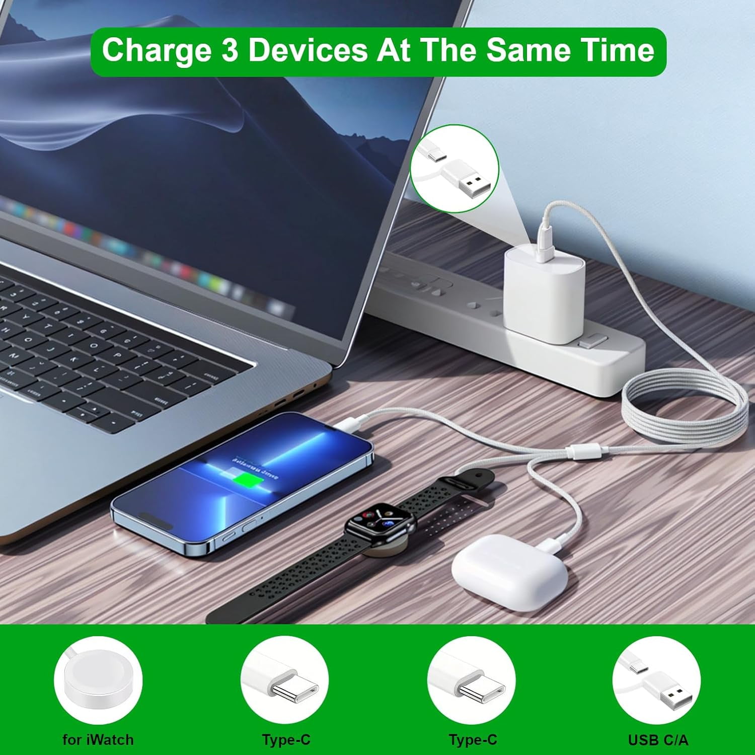 PYYAN-Upgraded 3 in 2 USB C Cable for Apple Watch Charger (4FT/1.2M ...