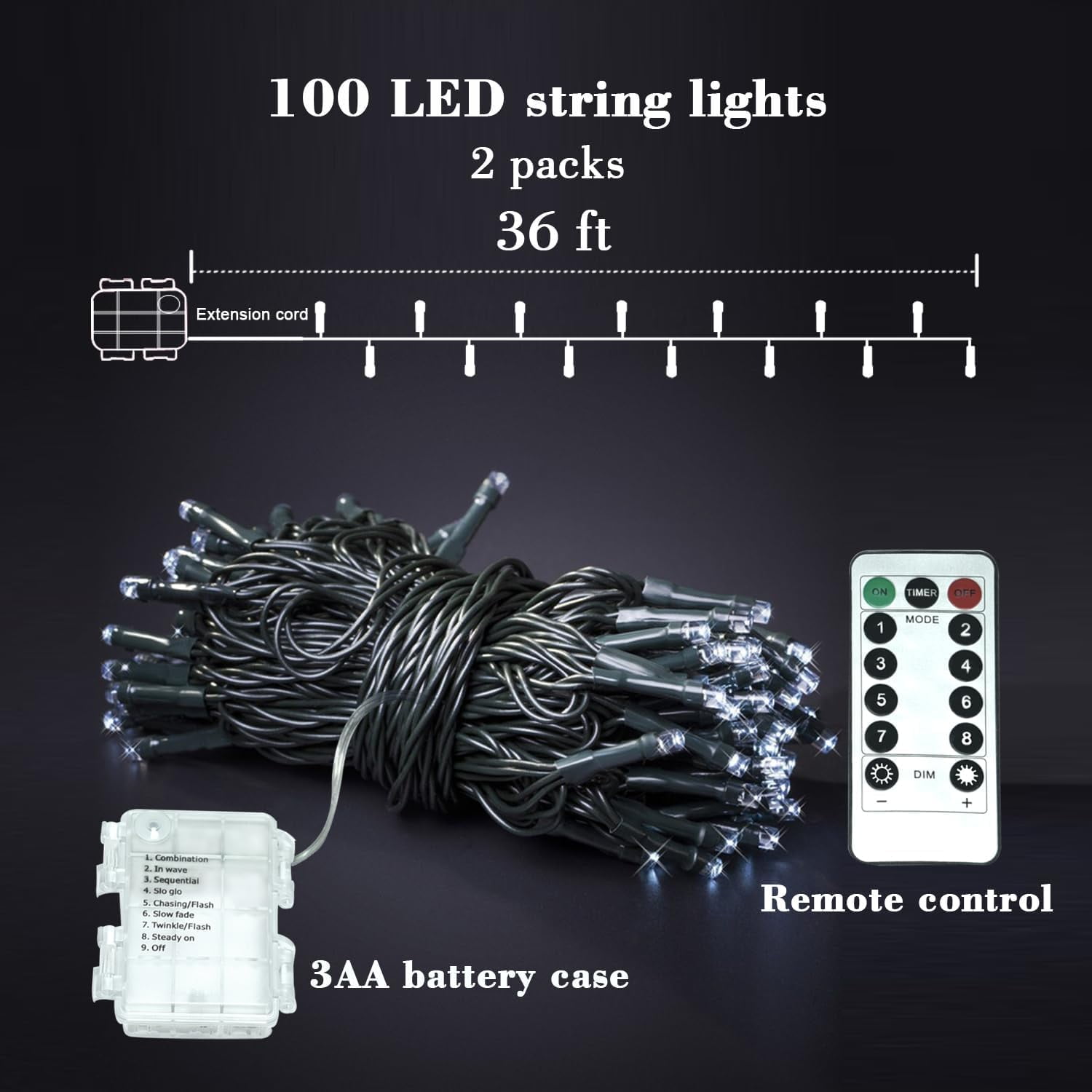 PYYAN-White String Lights Outdoor, 2 Packs of 36ft 100LED Battery ...