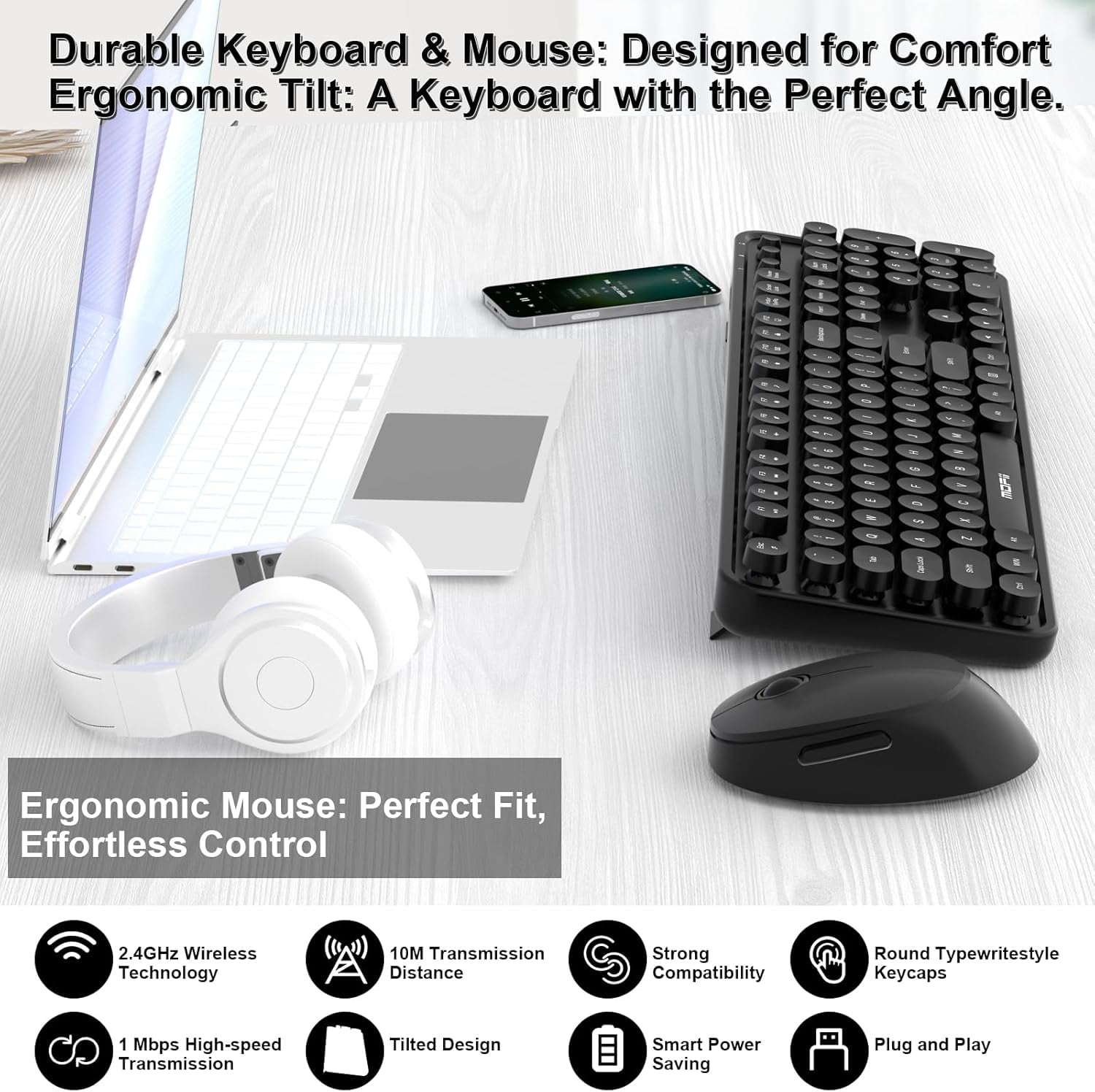 PYYAN-Wireless Keyboard and Mouse Combo, 104 Keys Full-Size Retro Round ...