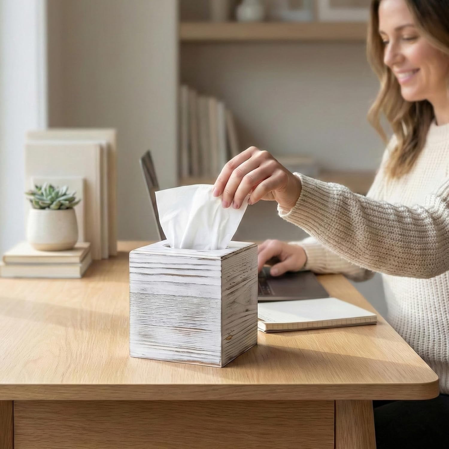 PYYAN-Wood Tissue Box Cover, Rustic Square Tissue Box Holder with Slide ...