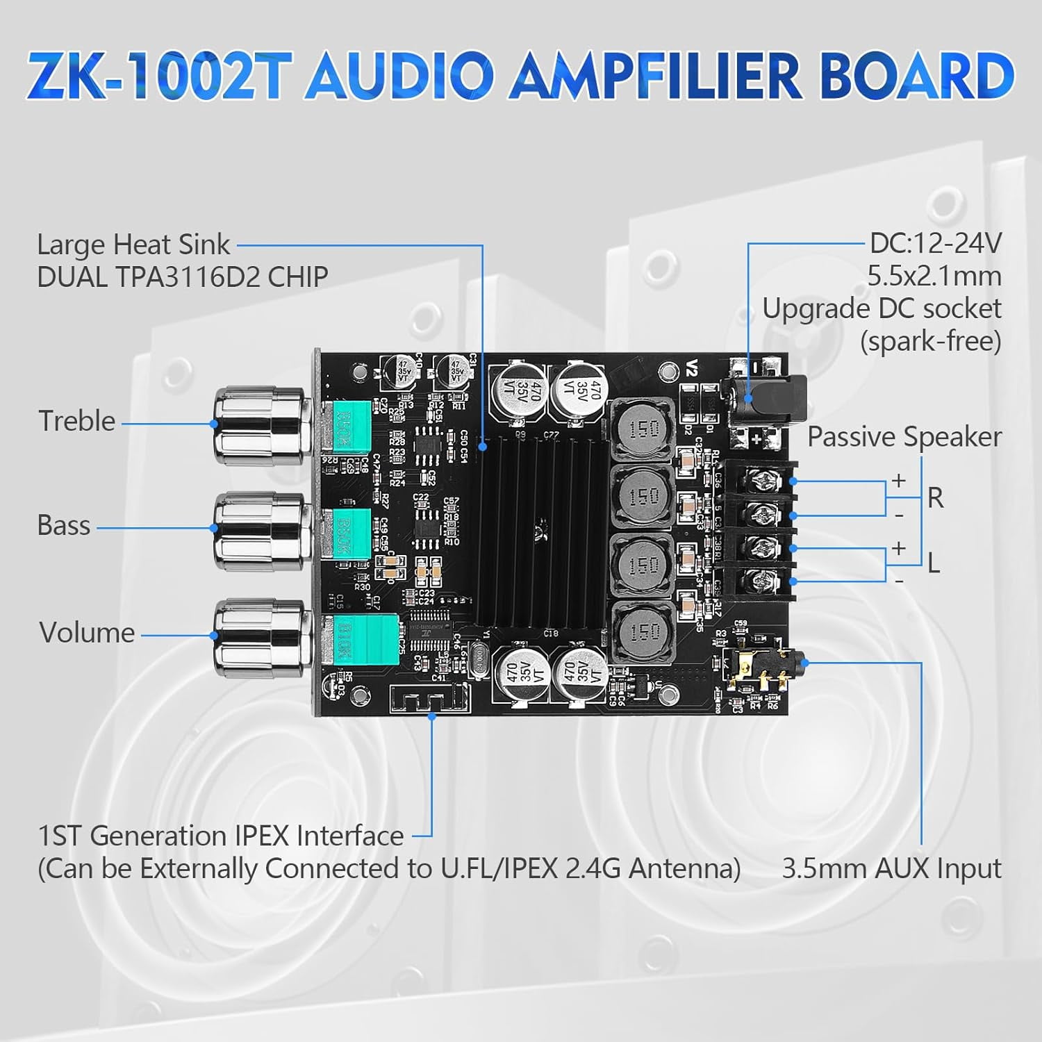 PYYAN-ZK 1002T Bluetooth 5.0 Amplifier Board, 2x100 Watt amp with ...