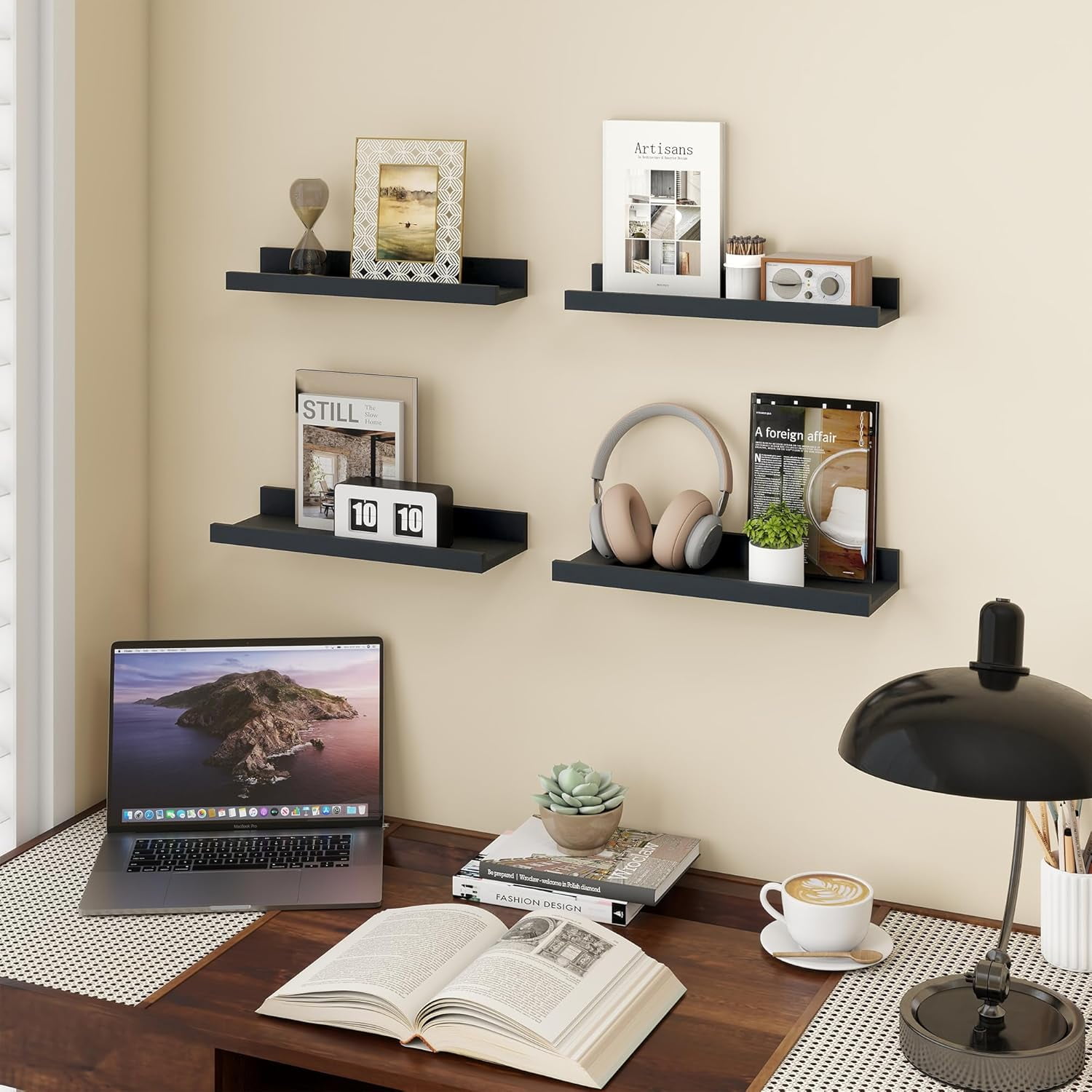 PYYNA-Picture Ledge Shelf | 16 Inch Black Floating Shelves Set of 4 ...