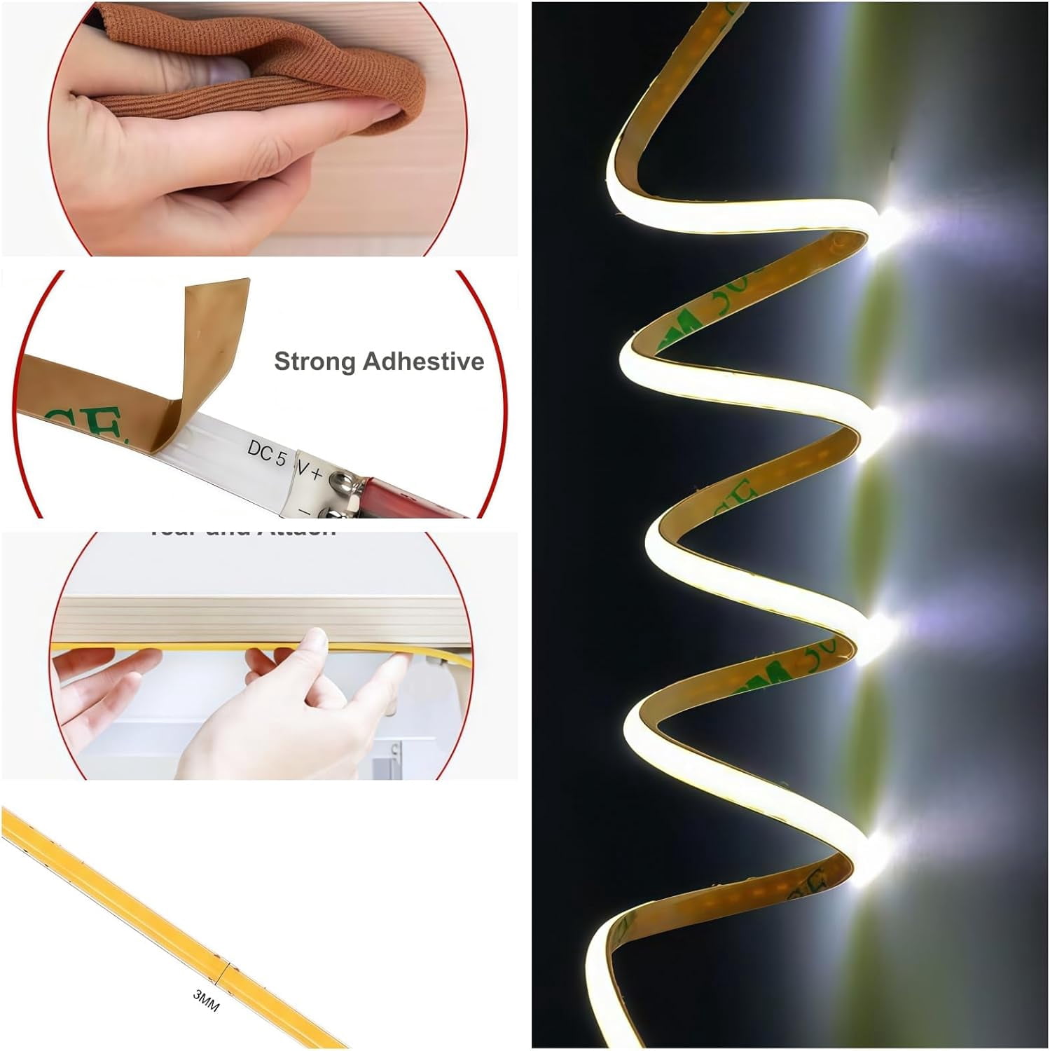 PYYNA-Ultra-Narrow 3mm USB-C COB LED Strip Lights Self-Adhesive, for ...