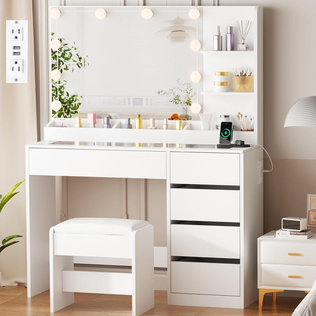 PYYP Makeup Vanity Desk with Lighted Mirror & Power Outlet 35.4" Vanity ...