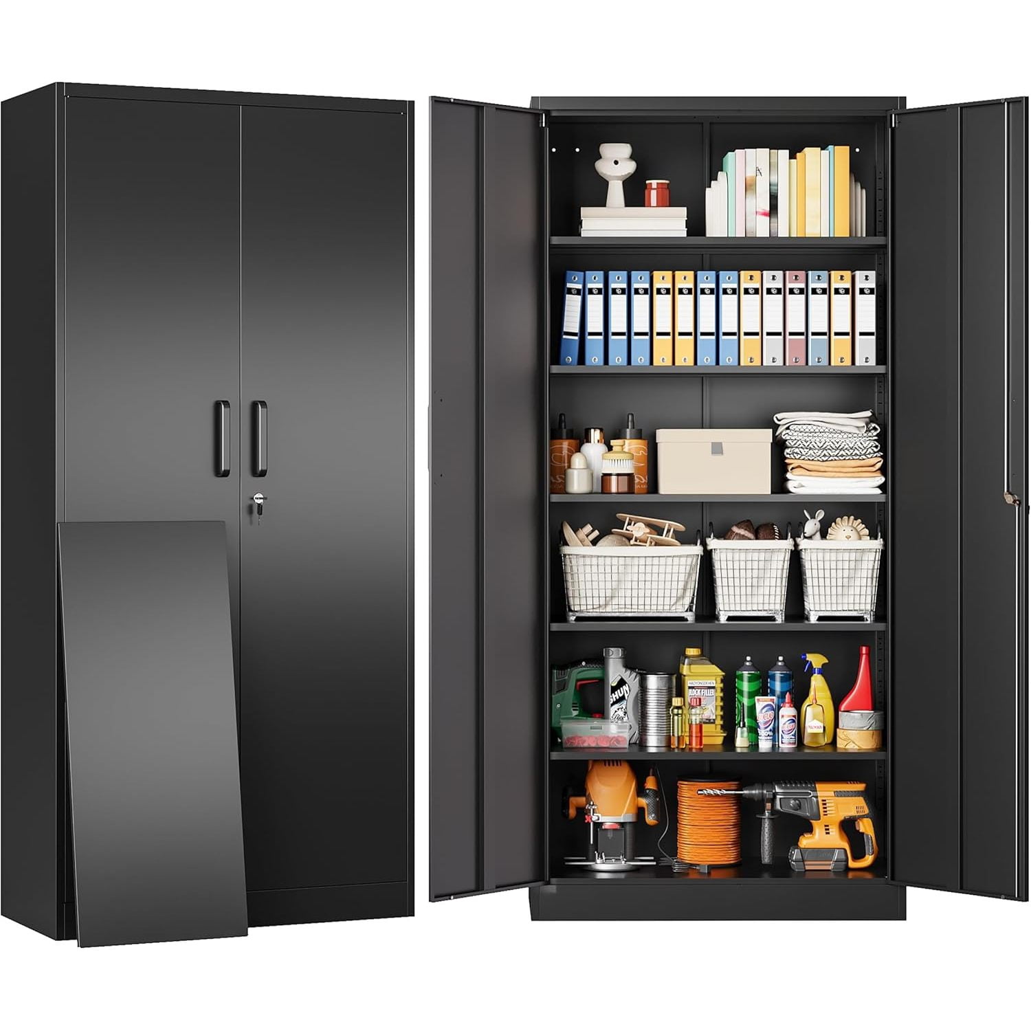 PYYP Metal Storage Cabinet with 2 Doors and 6 Shelves,Black Metal ...