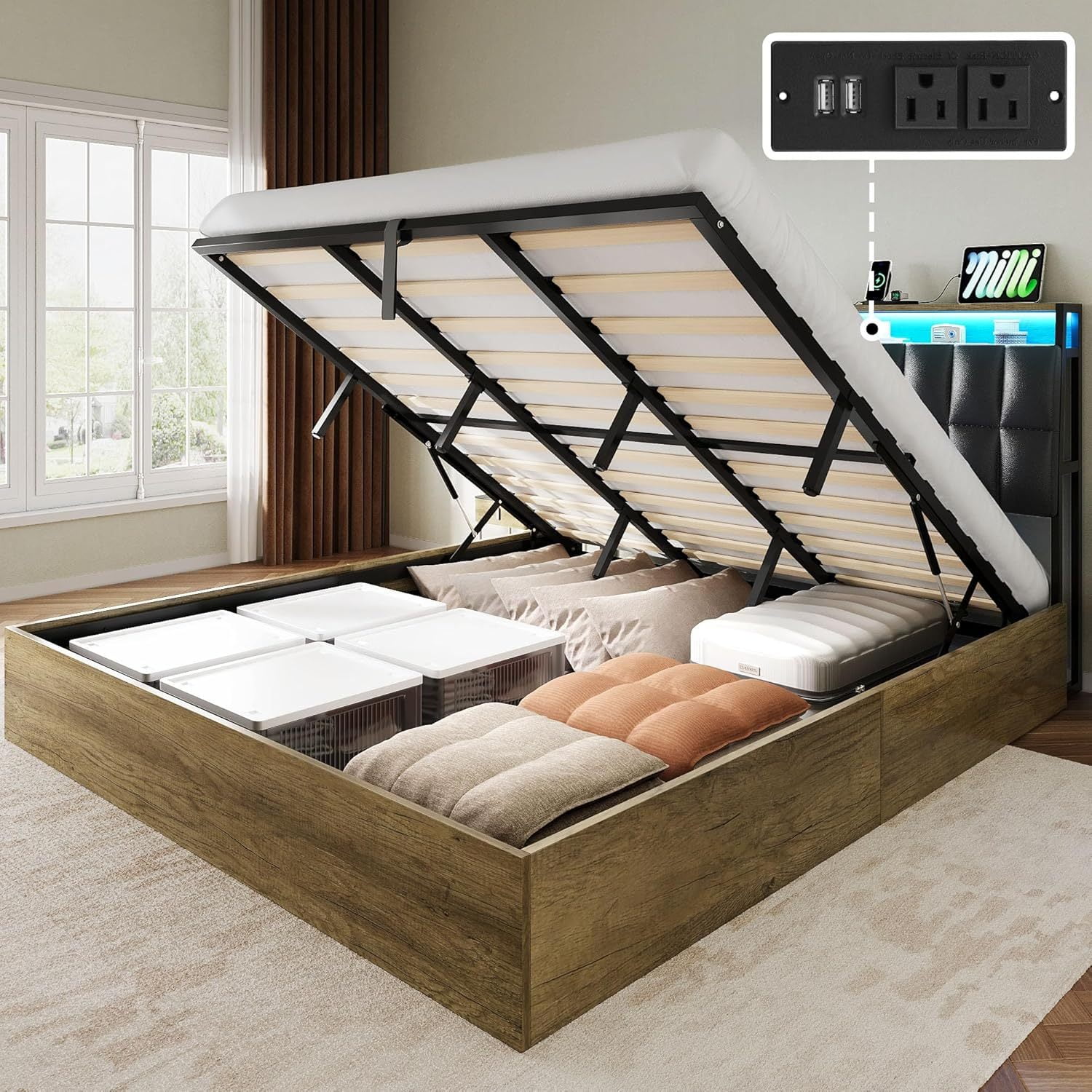 PYYP Queen Size Lift Up Bed with Charging Station & RGB LED Lights, PU ...