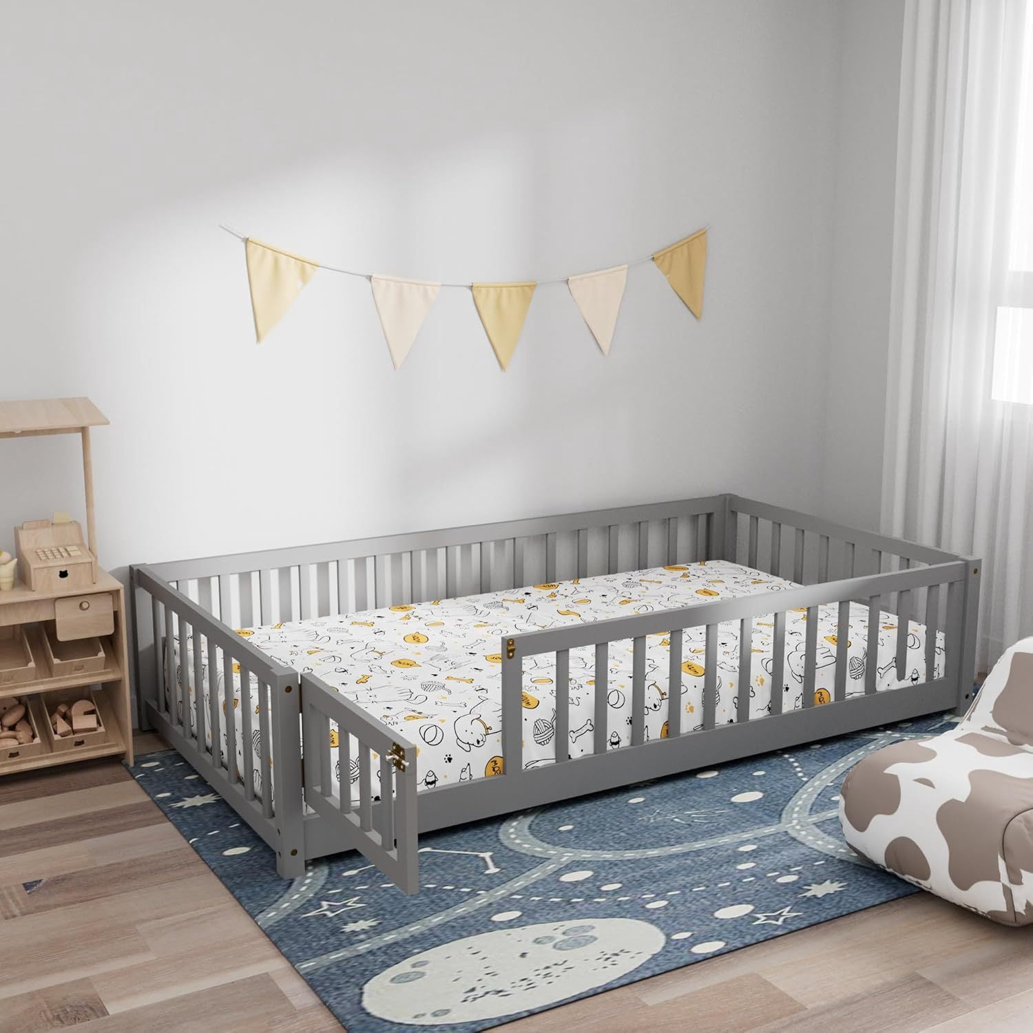 PYYP Twin Floor Bed for Children, Sturdy Wood Montessori Bed Frame with ...
