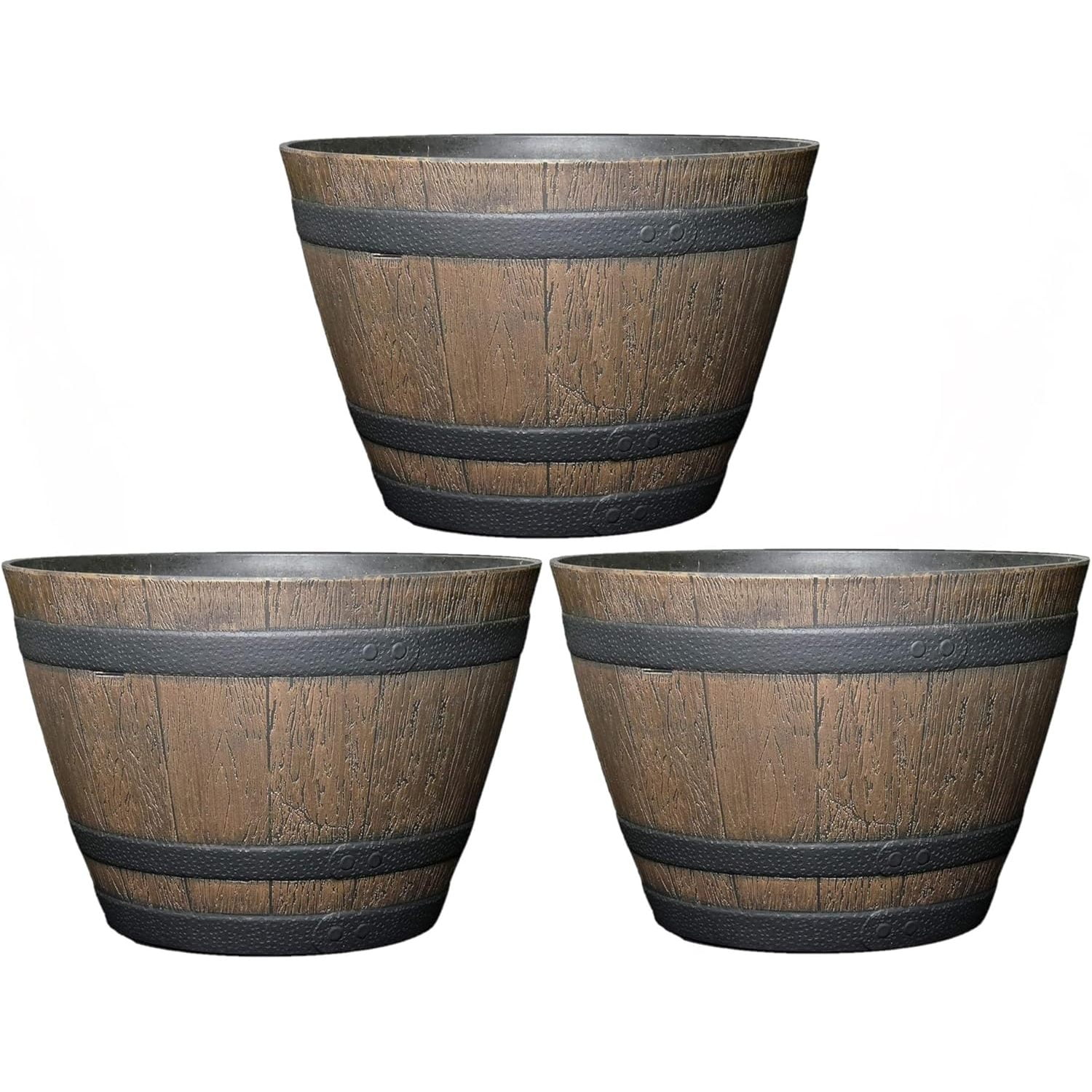 PYYP Whiskey Plastic Resin Flower Pot Barrel Planter, Walnut Brown, 15 ...
