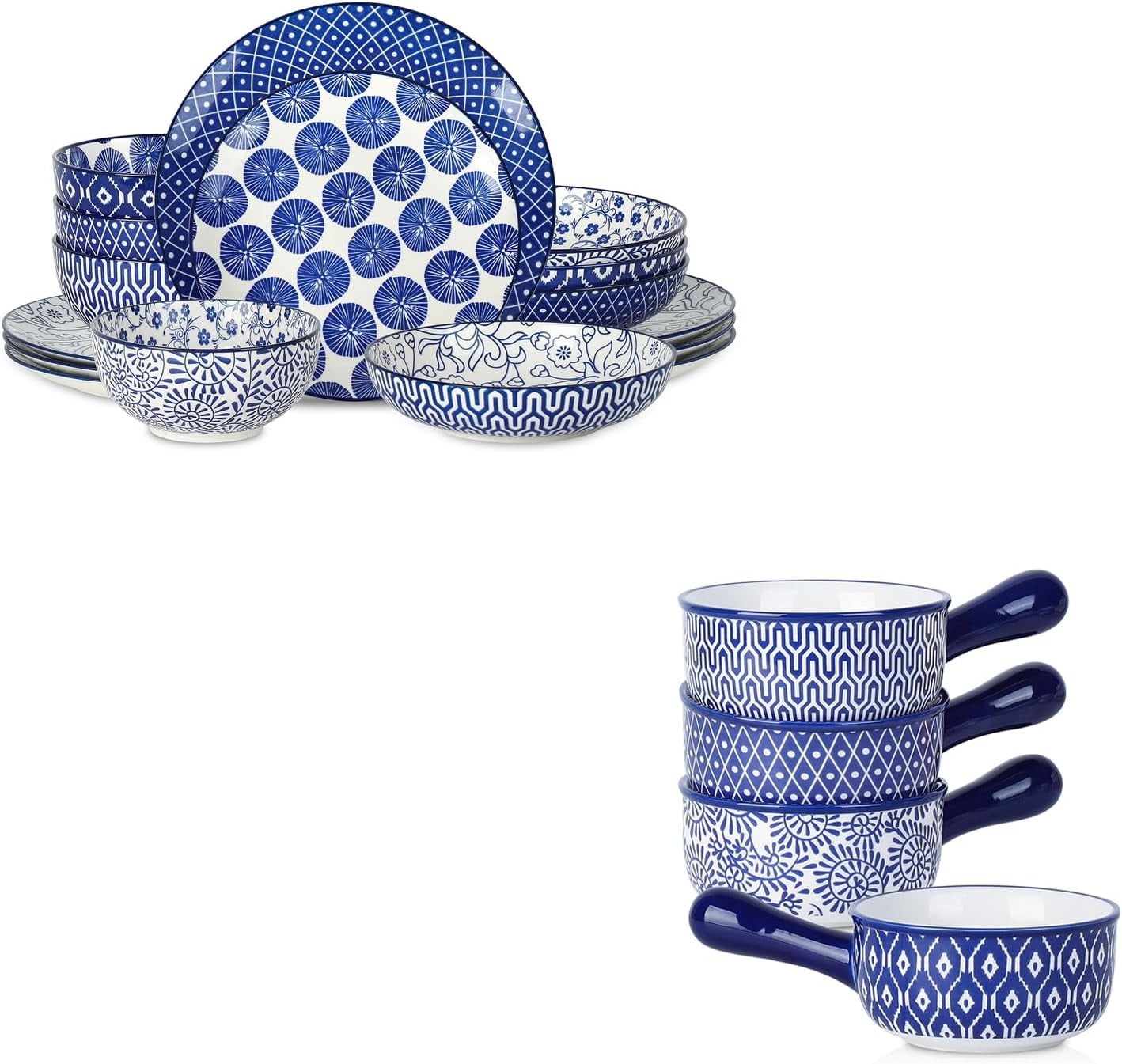 PZHI Ceramic 16-Pieces Dinnerware Set + 15 OZ French Onion Soup Bowls ...