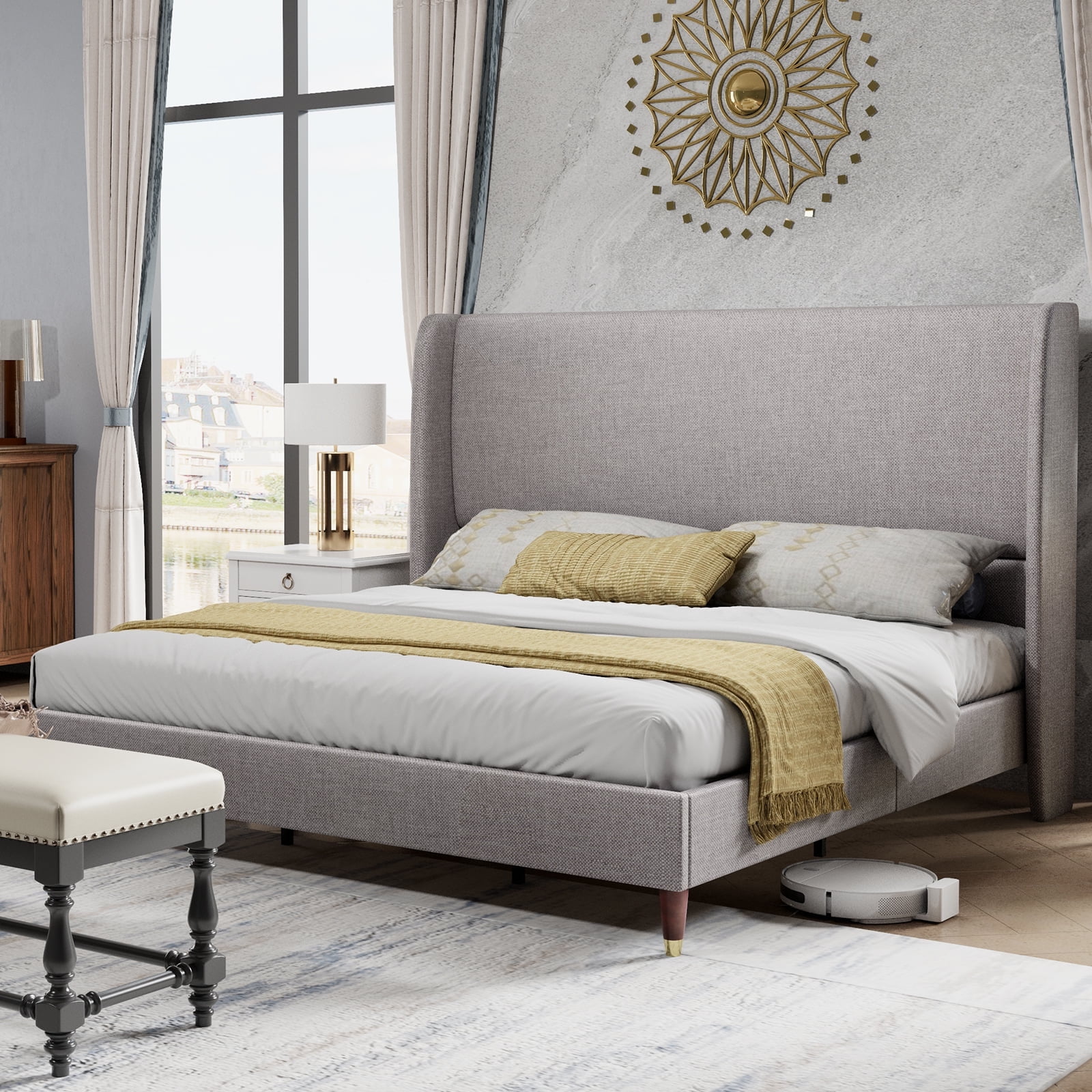VanAcc Full Platform Bed Frame 51.2" High Headboard Tall Upholstered ...