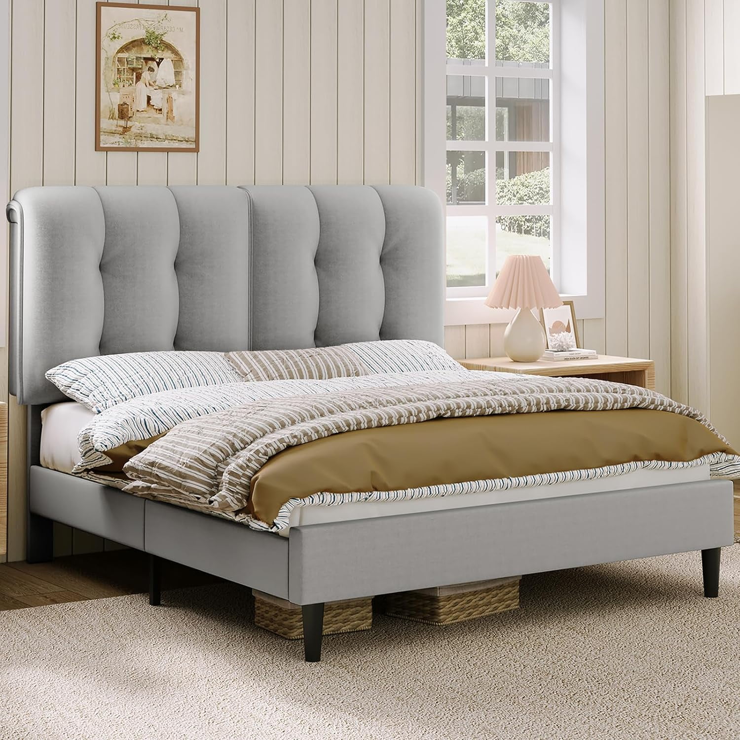 PaPaJet Full Size Light Grey Bed Frame, Velvet Upholstered with ...