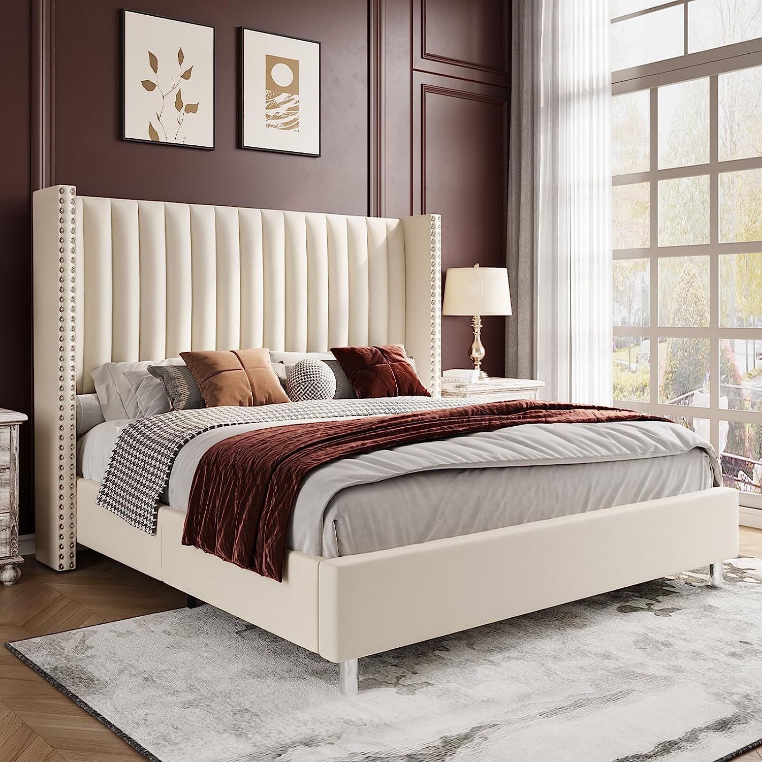 Rest Haven Astoria Wingback Tufted Upholstered Bed, King, Cream ...