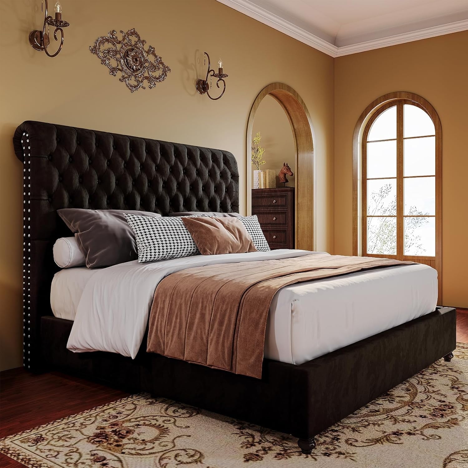 Papajet Platform Bed Frame Queen Size Velvet Upholstered Sleigh Bed