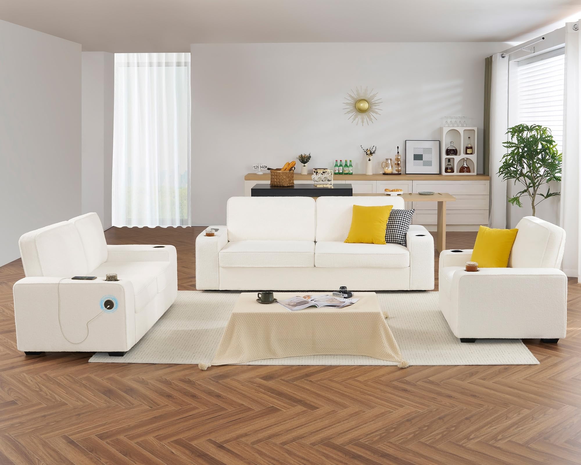 Merluxy Sofa, 3 Piece Set, Deep Seat Couches with Cup Holders & USB ...