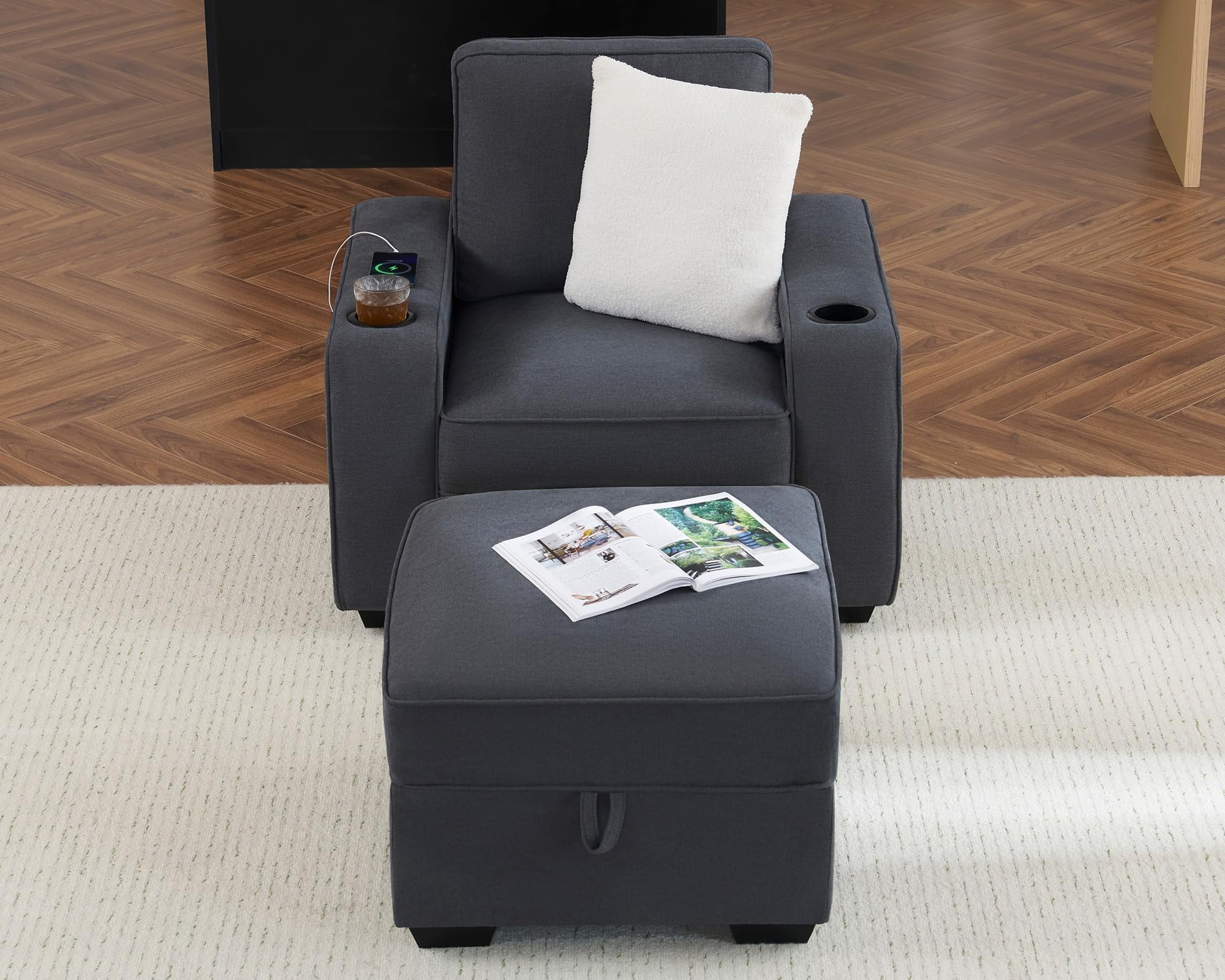 Merluxy Sofa, Sofa Chair with Storage Ottoman, Modern Sofa with Cup ...