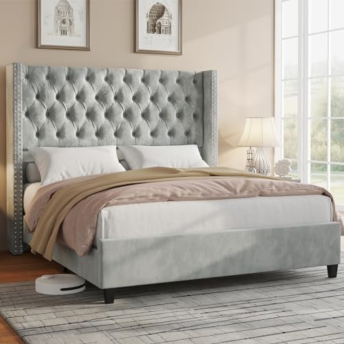 Papajet Velvet Upholstered Platform Queen Bed Frame With Deep Button