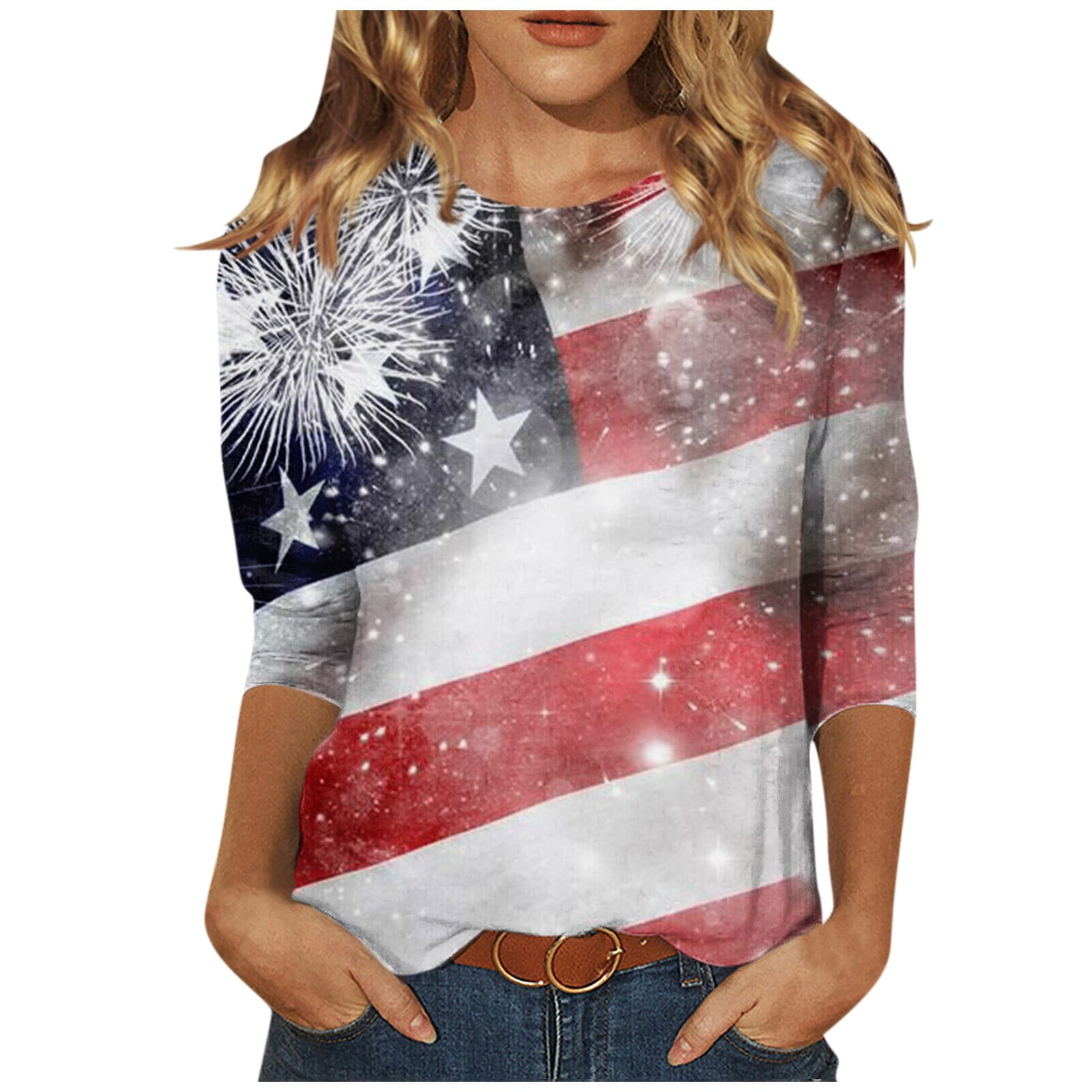 Paaisye 3/4 Sleeve American Flag Tops for Women July 4th Casual ...