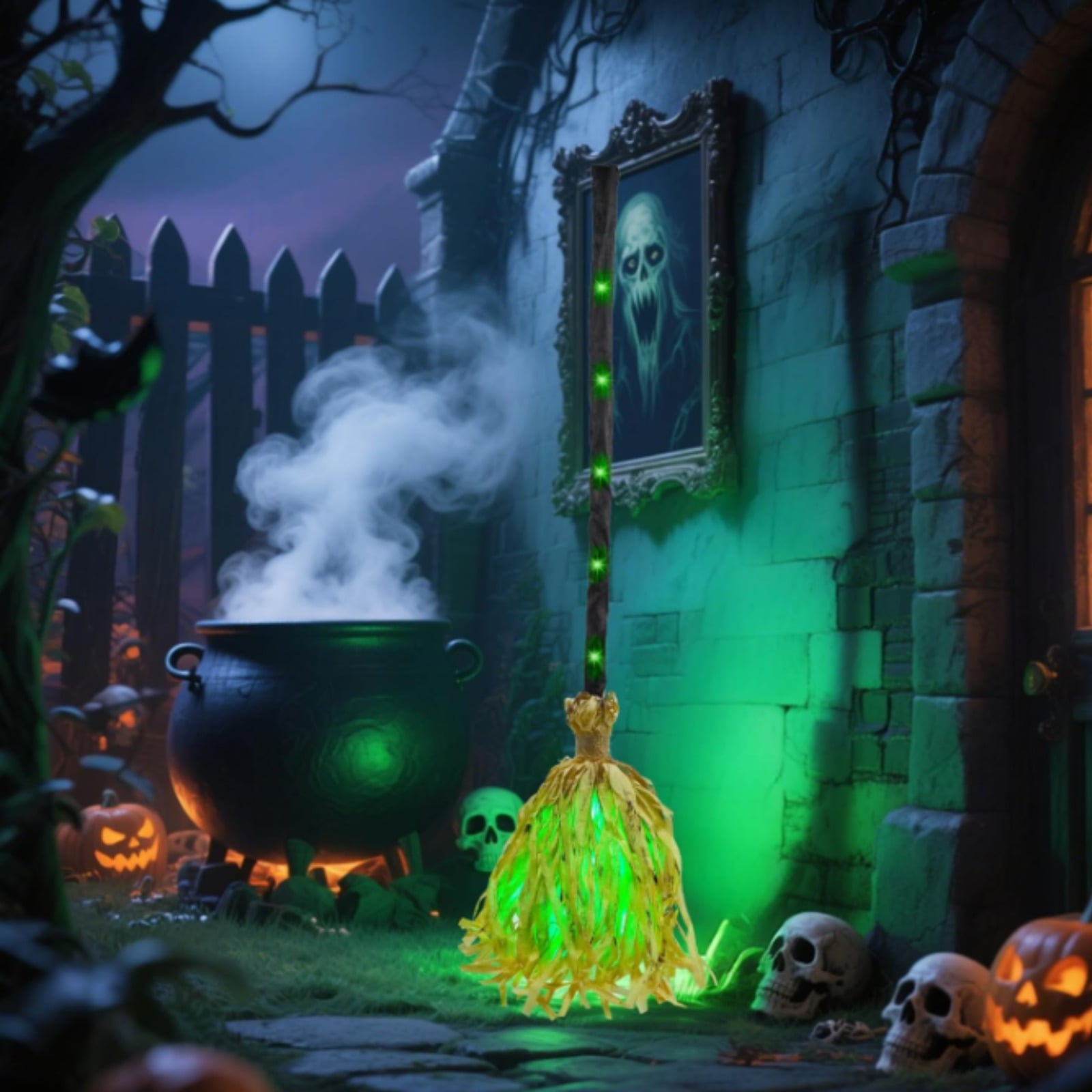 Paaisye 35" Animated Light Up Witches Broom – Green LED Lights, Spooky ...