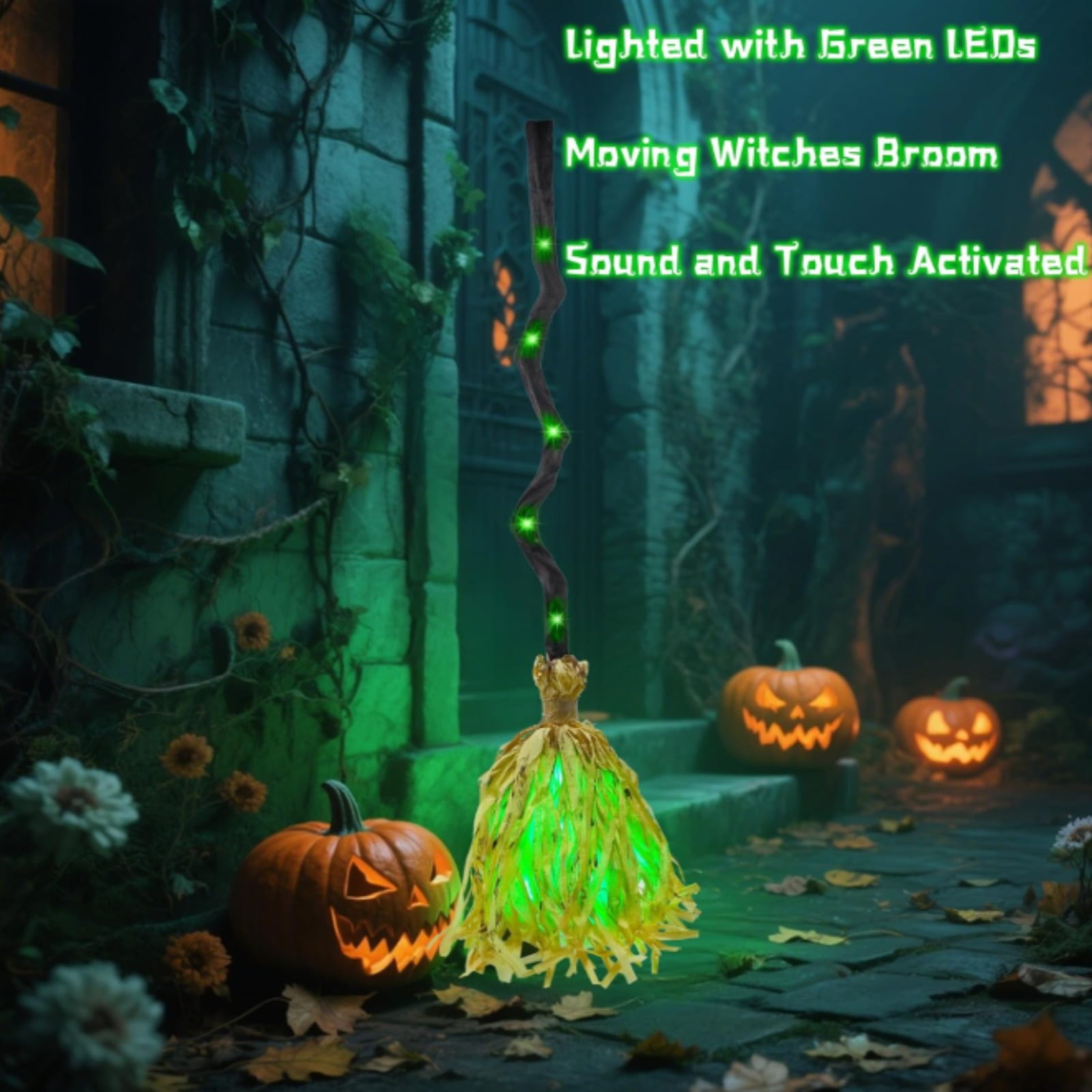Paaisye 35" Light Up Moving Witches Broom – Green LED Illuminated ...