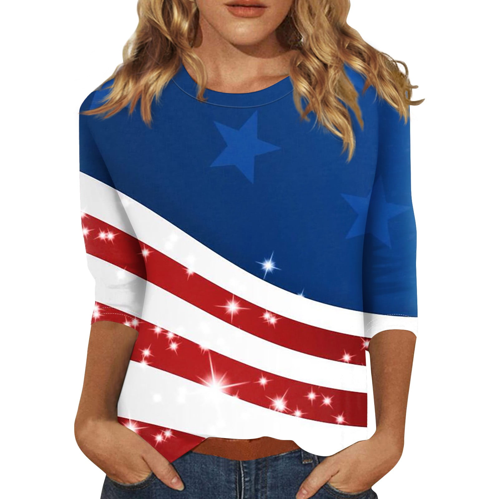 Paaisye American Flag Tops for Women July 4th 3/4 Length Sleeve ...