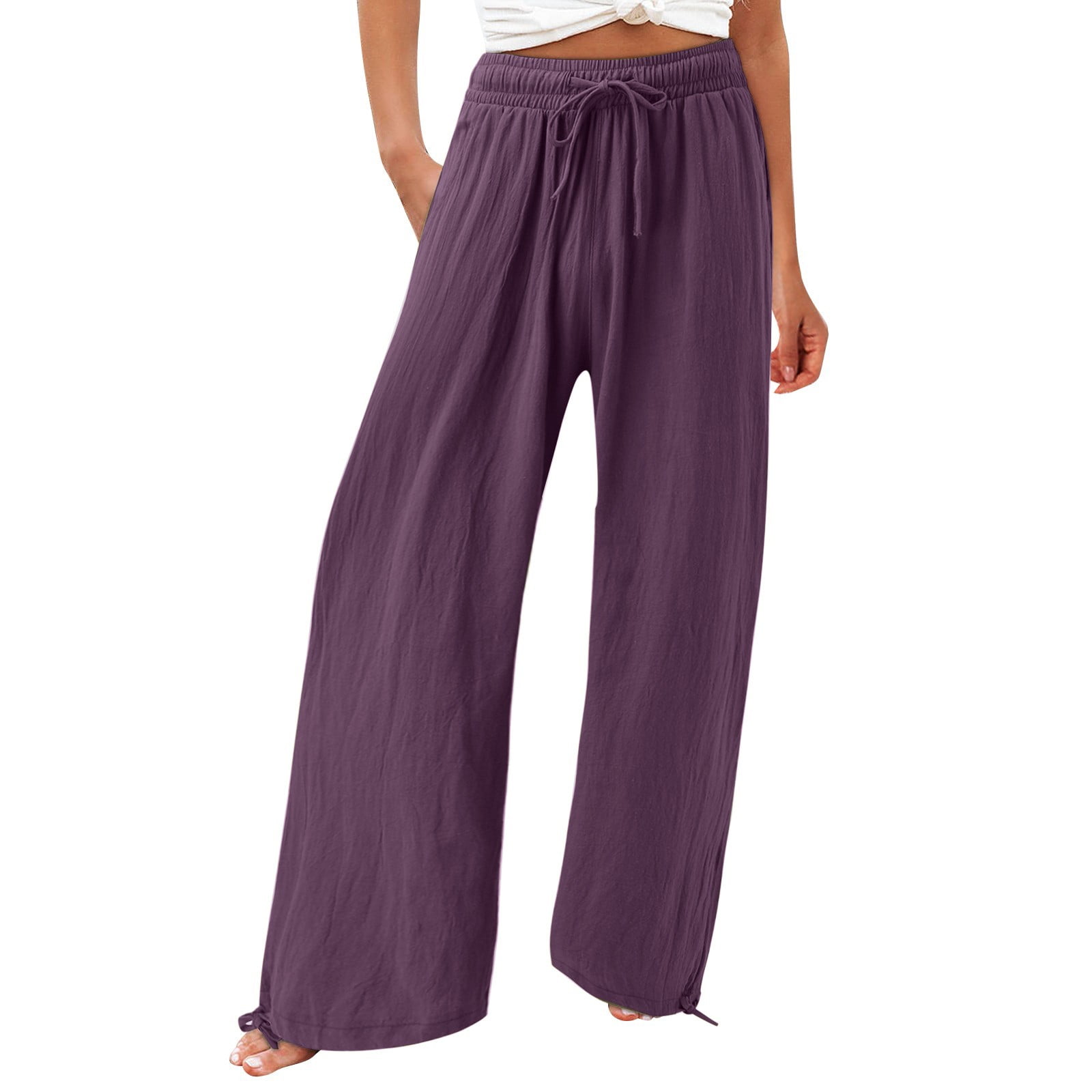 Paaisye Cotton Linen Palazzo Pants For Women Beach Casual Pant Solid