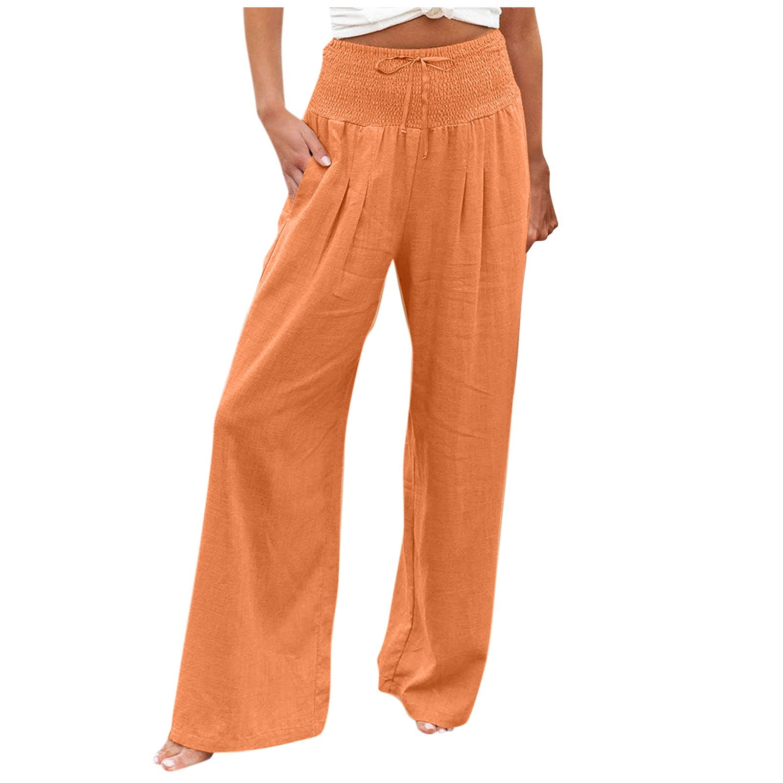 Paaisye Cotton Linen Palazzo Pants For Women Flowy Beach Trousers Solid
