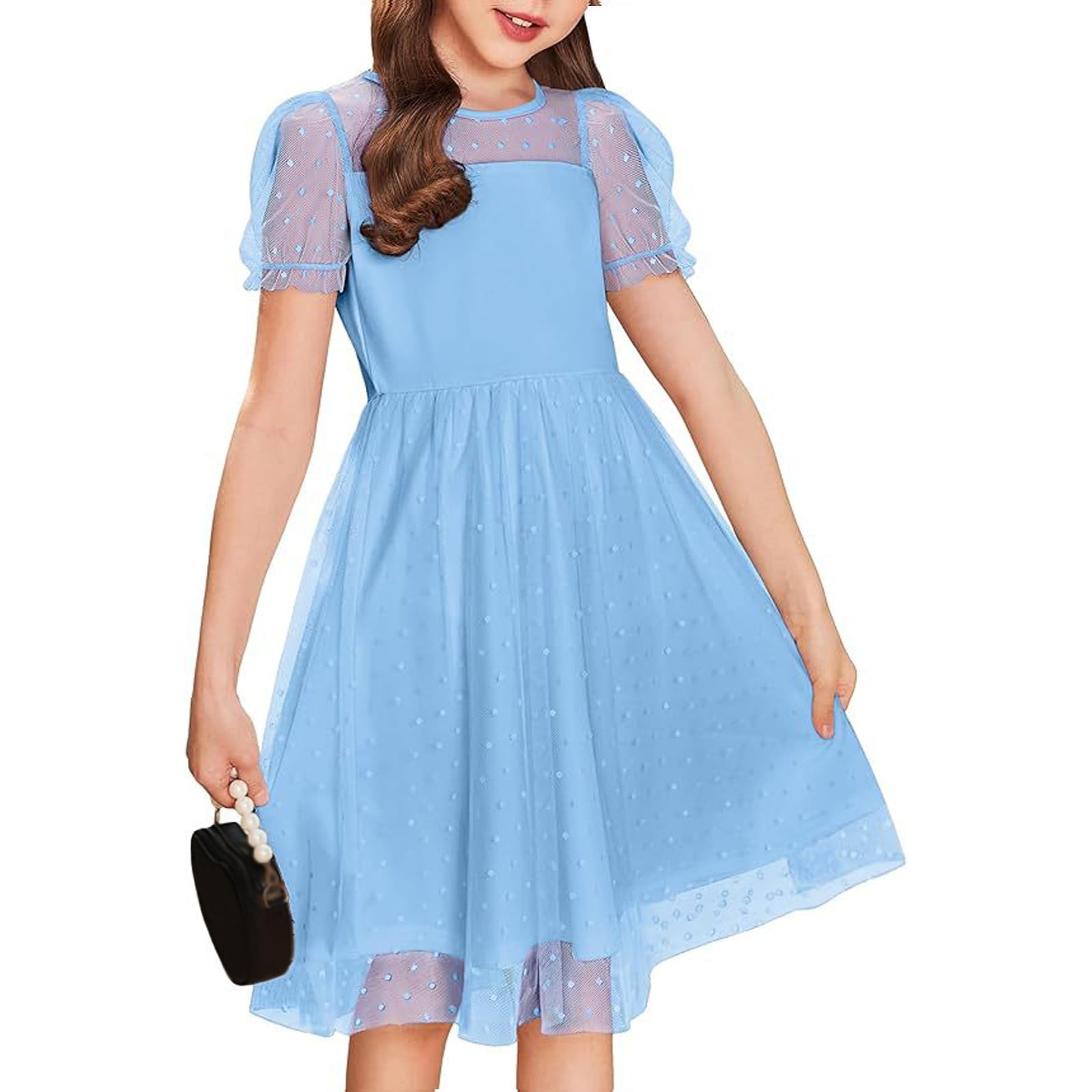Paaisye Girls Blue Dress Contrast Mesh Short Sleeve Summer Dress Twirly ...