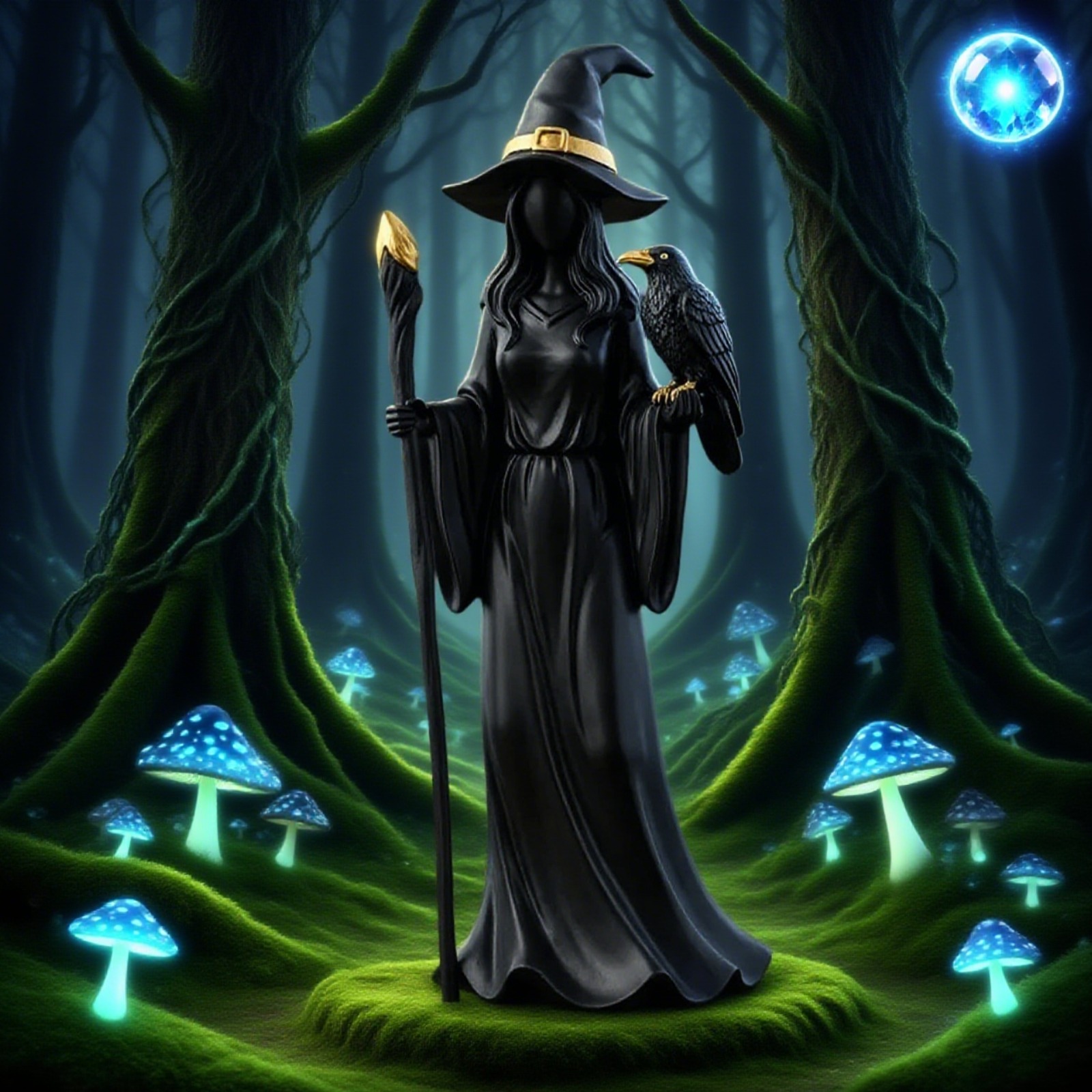 Paaisye Gothic Halloween Witch Sculpture with Black Gold Staff, Raven ...