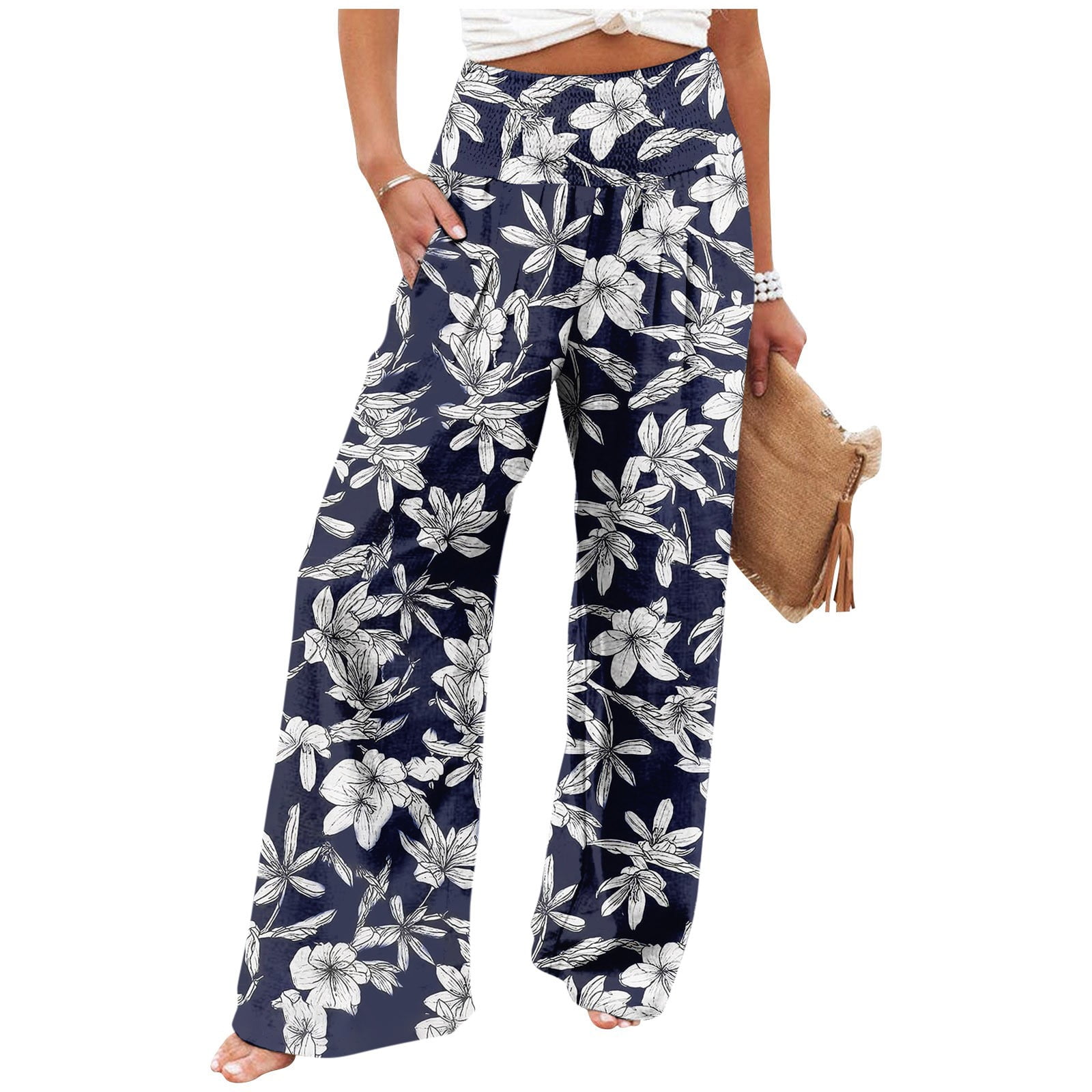 Paaisye Linen Palazzo Pants Women 2024 Beach Casual Trousers Floral