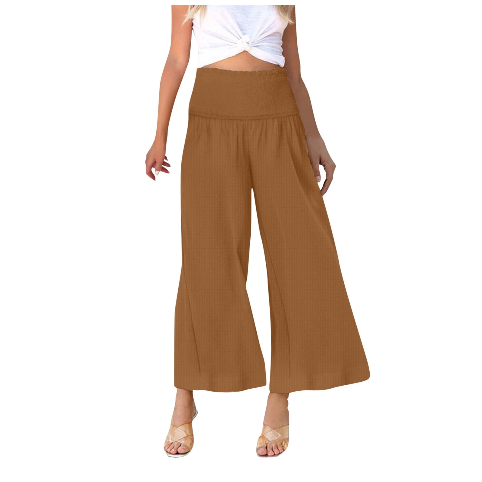 Paaisye Linen Palazzo Pants Women 2024 Beach Casual Trousers Solid