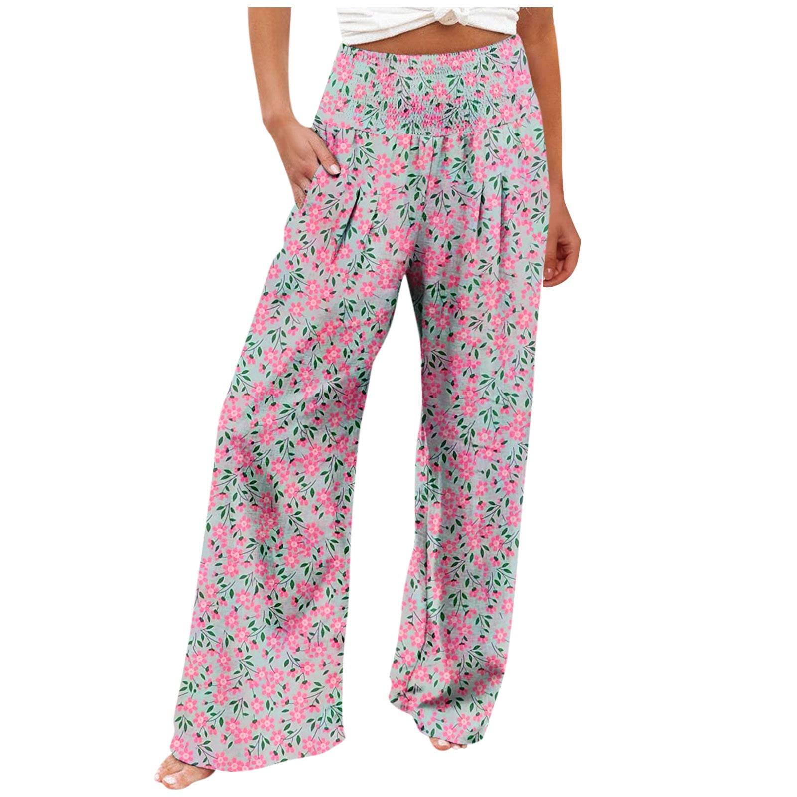 Paaisye Linen Palazzo Pants Women 2024 Summer Flowy Long Pant Floral