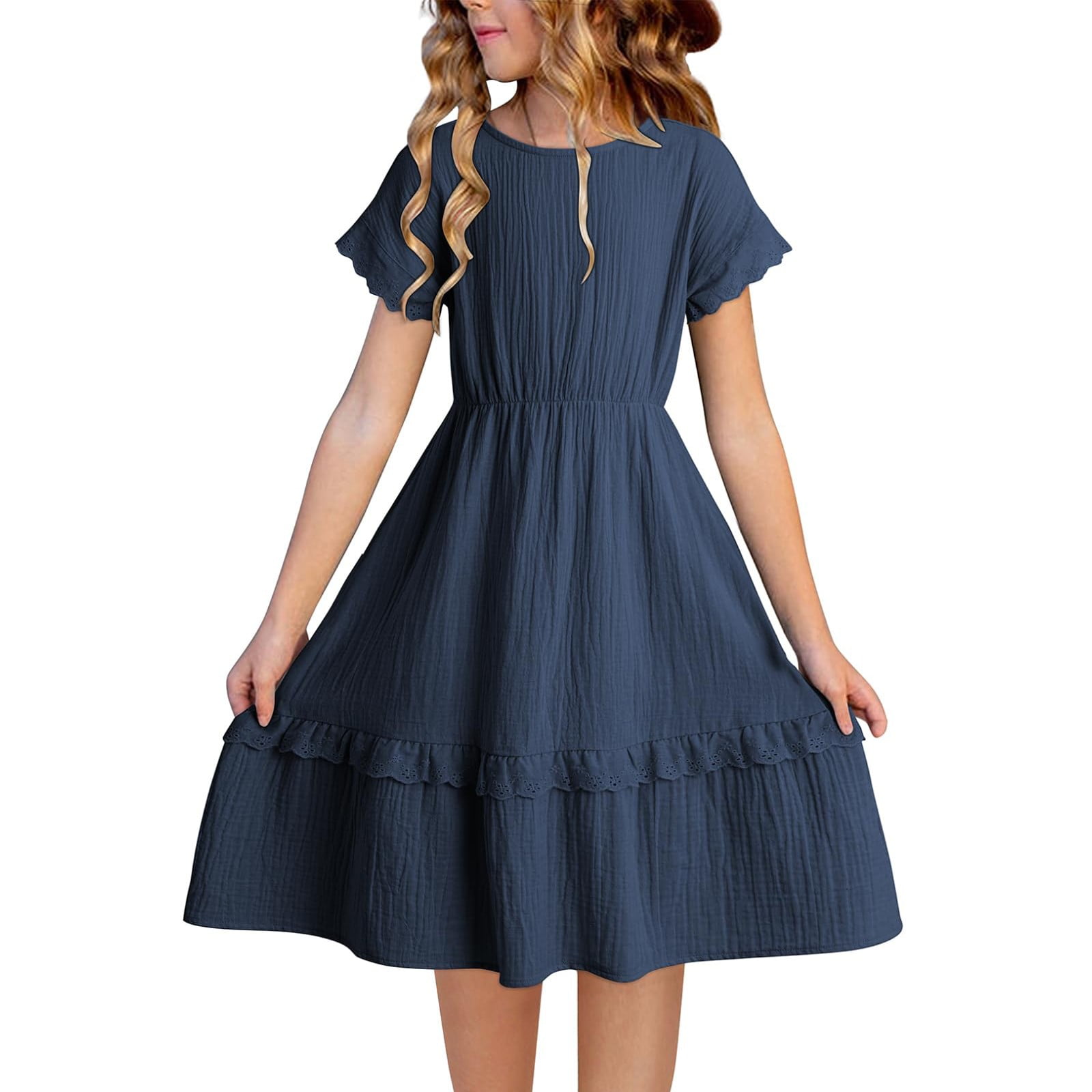 Paaisye Tween Girls Summer Dress 2025 Cotton Linen Short Sleeve Lace ...