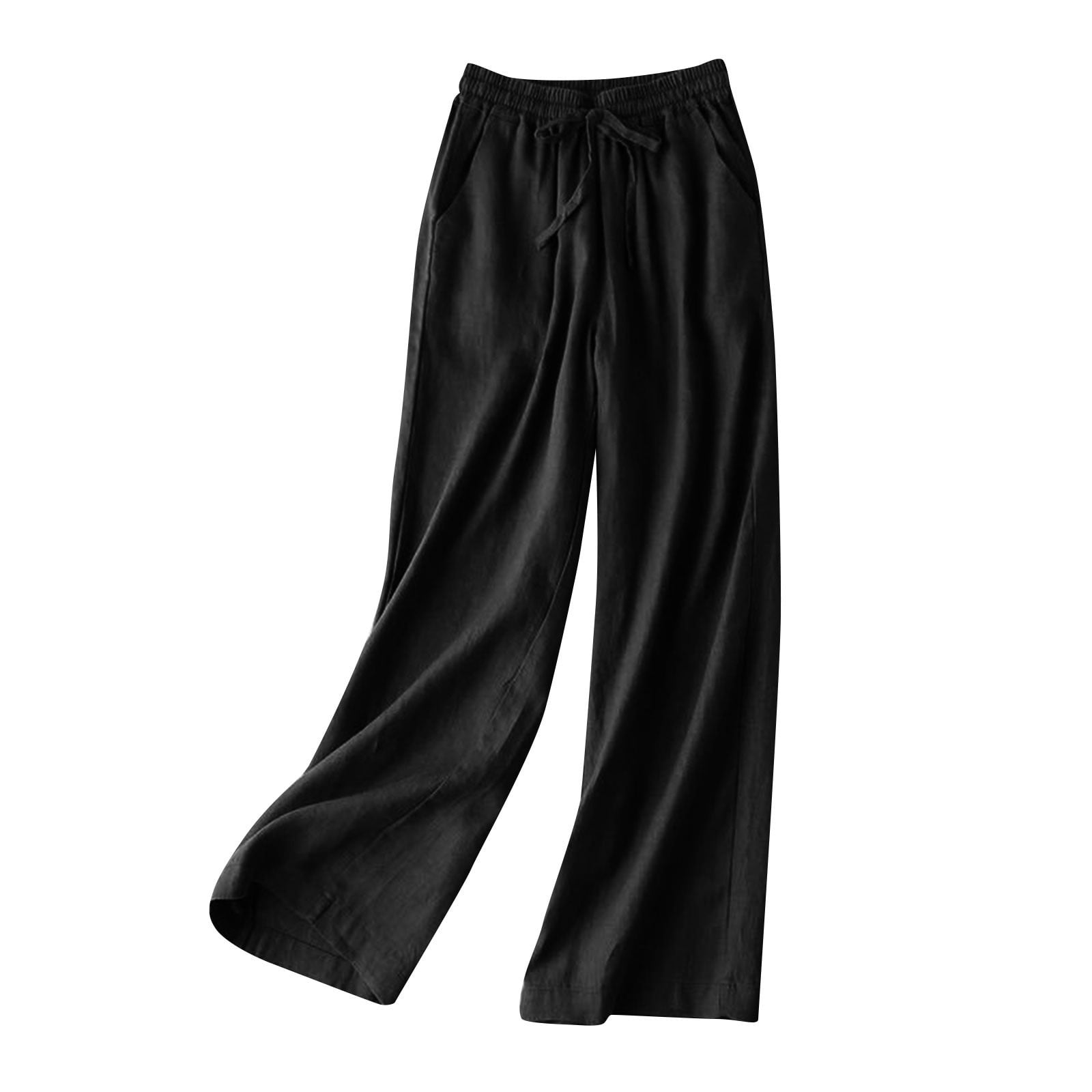 Paaisye Women Cotton Linen Pants Boho Palazzo Work Pants Solid Wide Leg