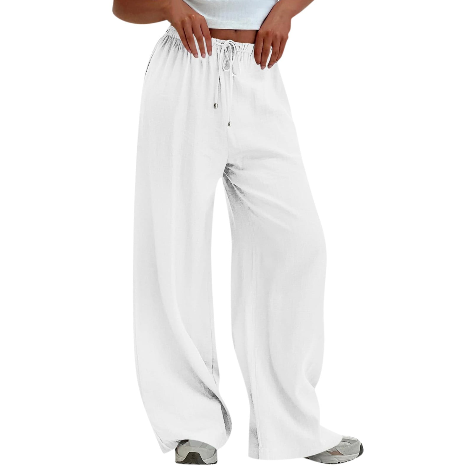 Paaisye Women Cotton Linen Pants Boho Palazzo Work Pants Solid Wide Leg