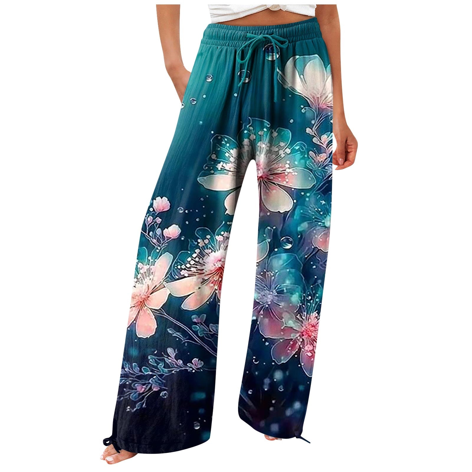 Paaisye Women Linen Palazzo Pants 2024 Beach Trendy Trousers Floral