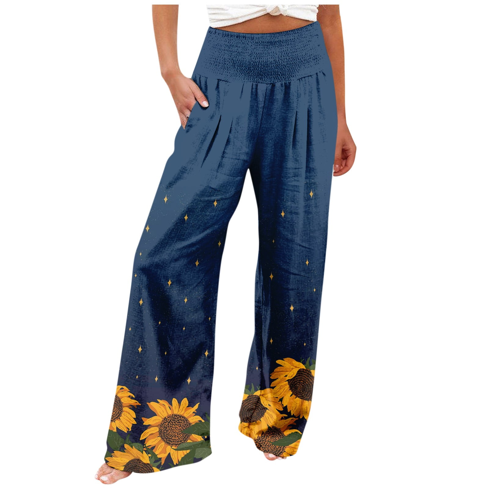 Paaisye Women Linen Palazzo Pants Casual Summer Trousers Floral Boho