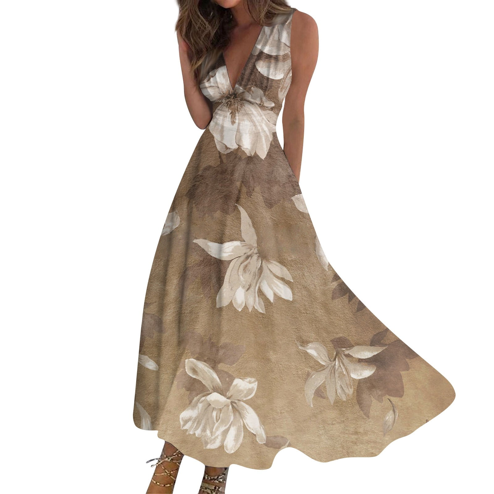 Paaisye Womens Spring Dresses 2024 Sexy Sleeveless Flowy Deep V Neck