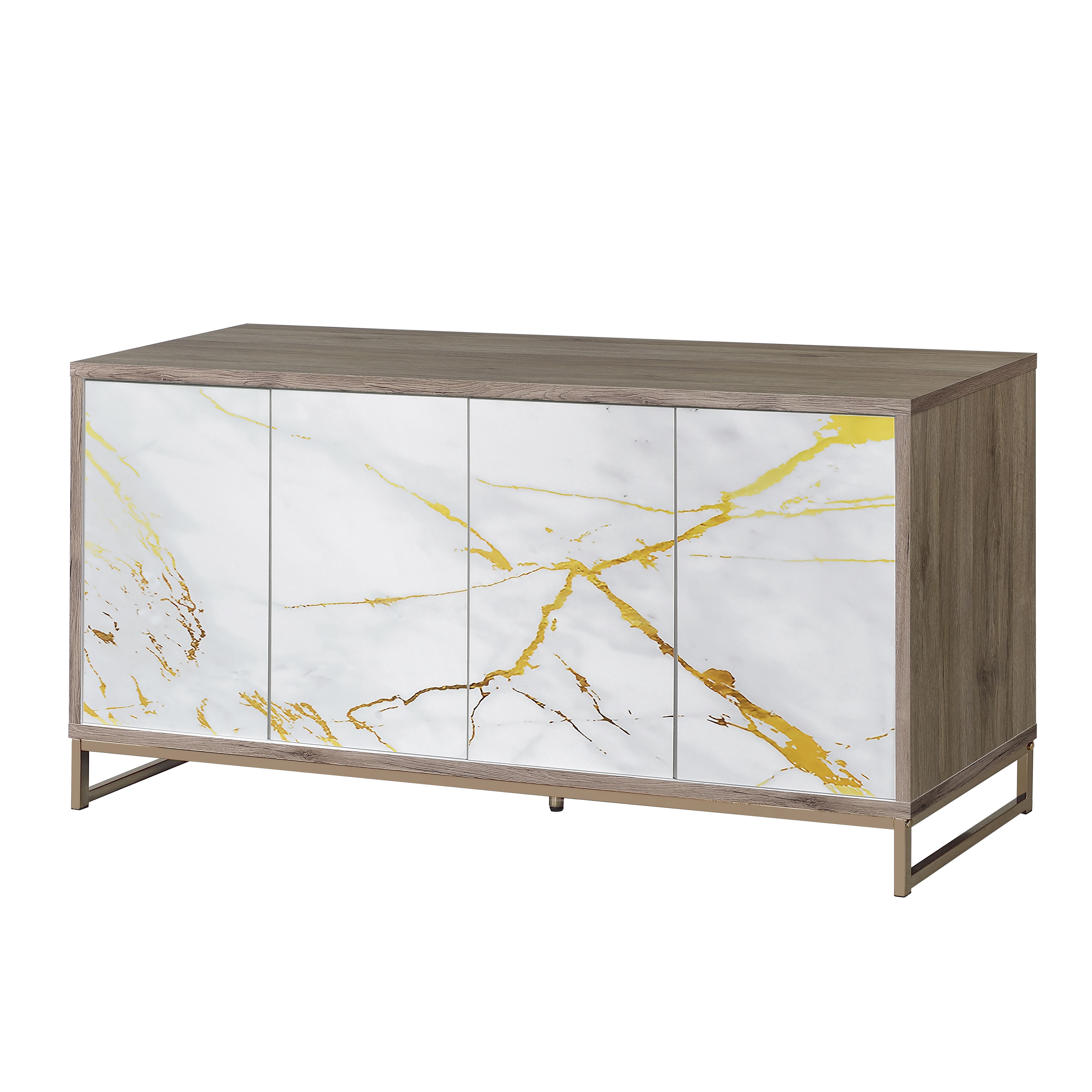 Paavan White Marble Paint Oak & Champagne Finish Console Cabinet ...