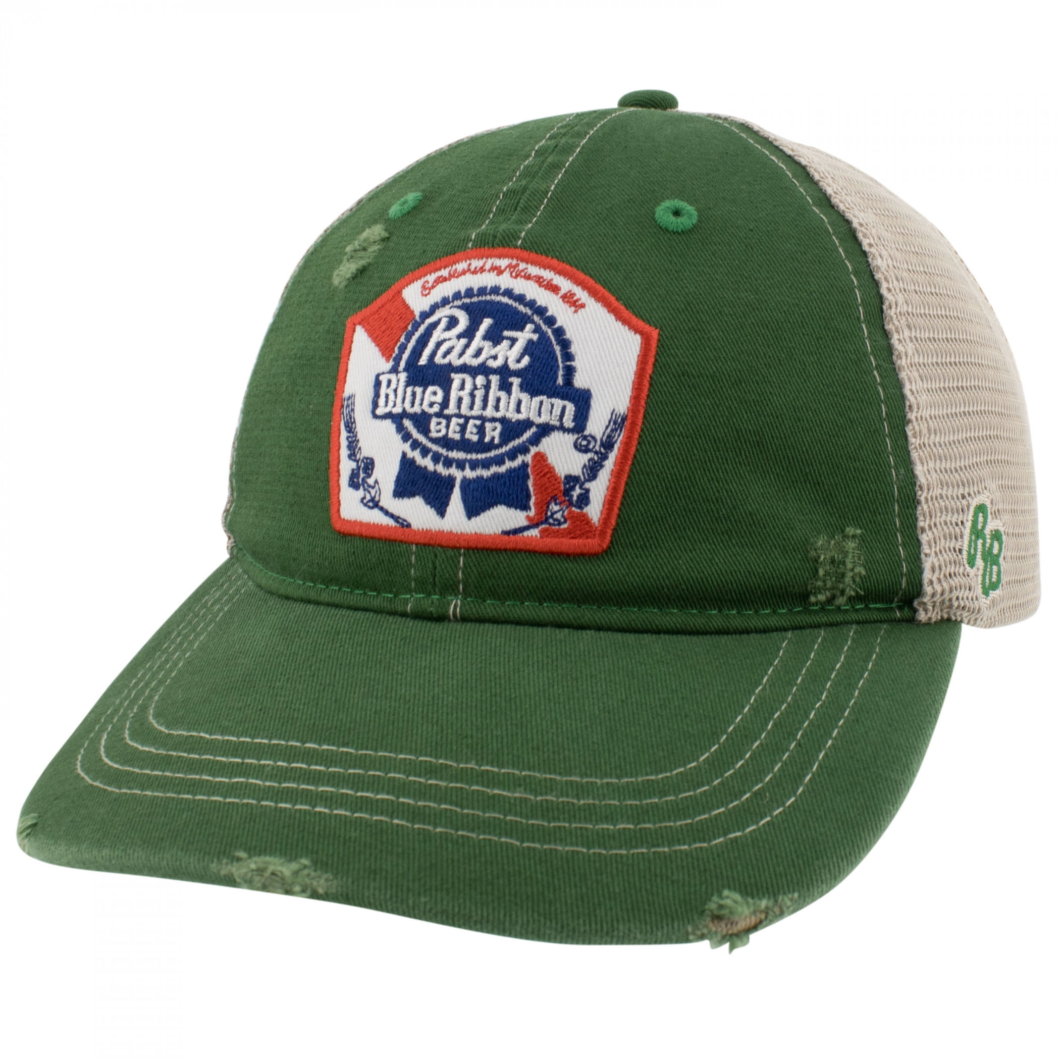 Pabst Blue Ribbon Embroidered Logo Distressed Green Denim Trucker Hat ...