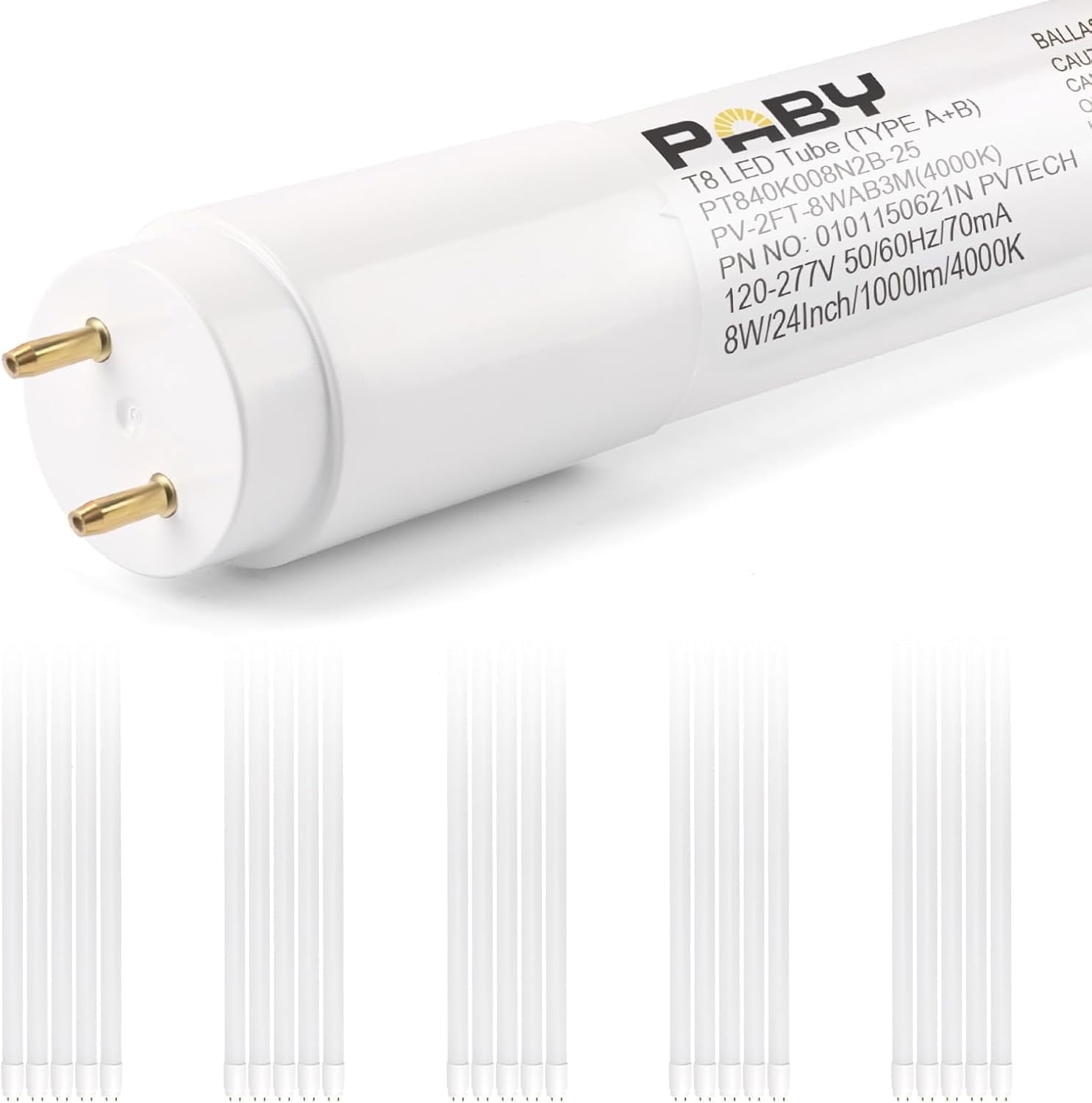 Paby 25 Pack 2FT T8 LED Type A+B Tube Light, 8W(15W Equivalent) 1000LM ...