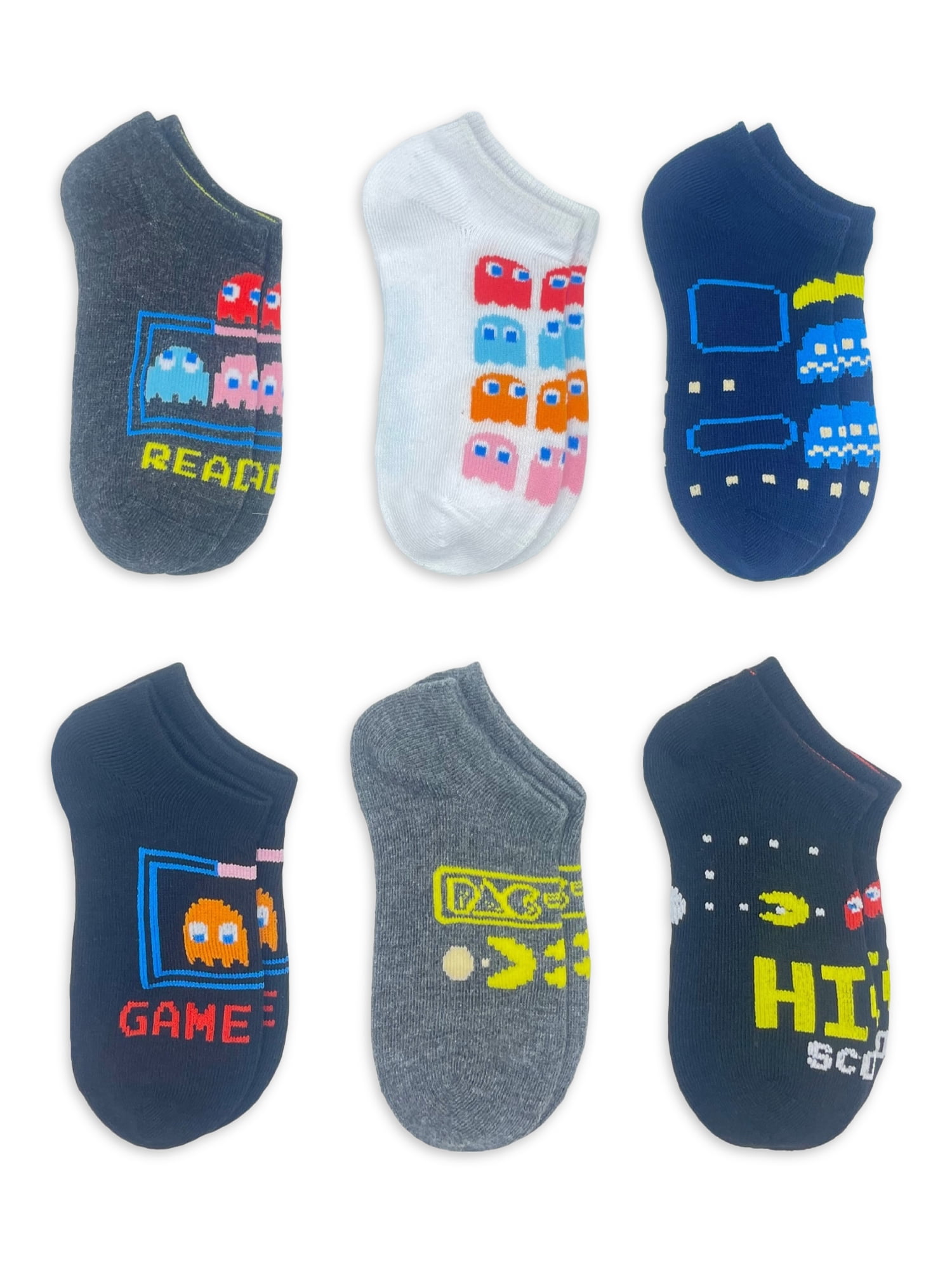Pac Man Boys No-Show Socks 6-Pack Lightweight Breathable Comfort Sizes ...