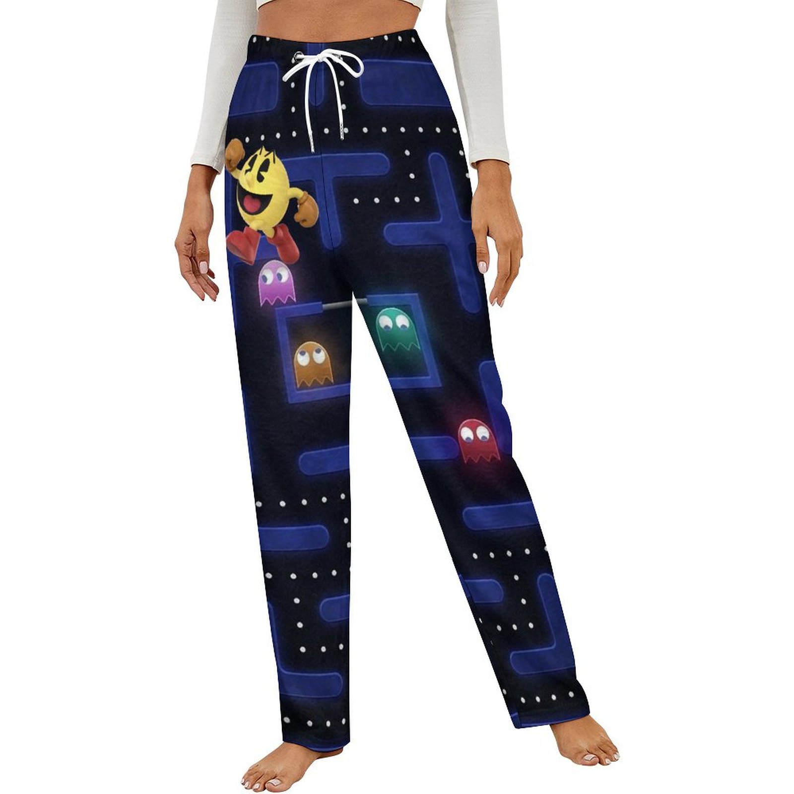 Pac-Man Game Flannel Women's Pajama Pants Bottoms Sleepwear Home Loose ...