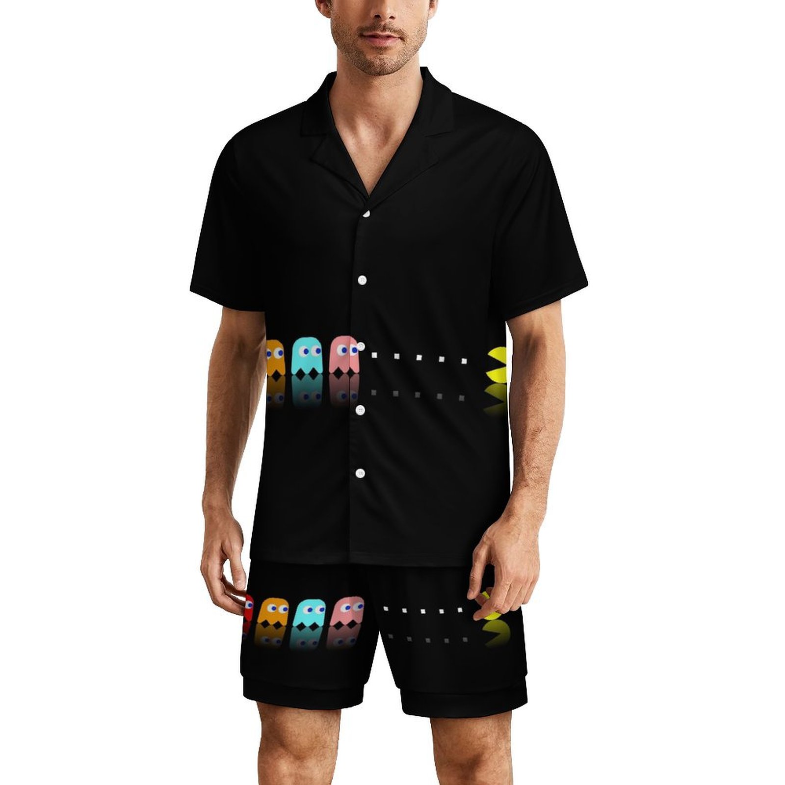 Pac-Man Short Sleeved Pajama Set For Mens Button Shirt Top And Short ...